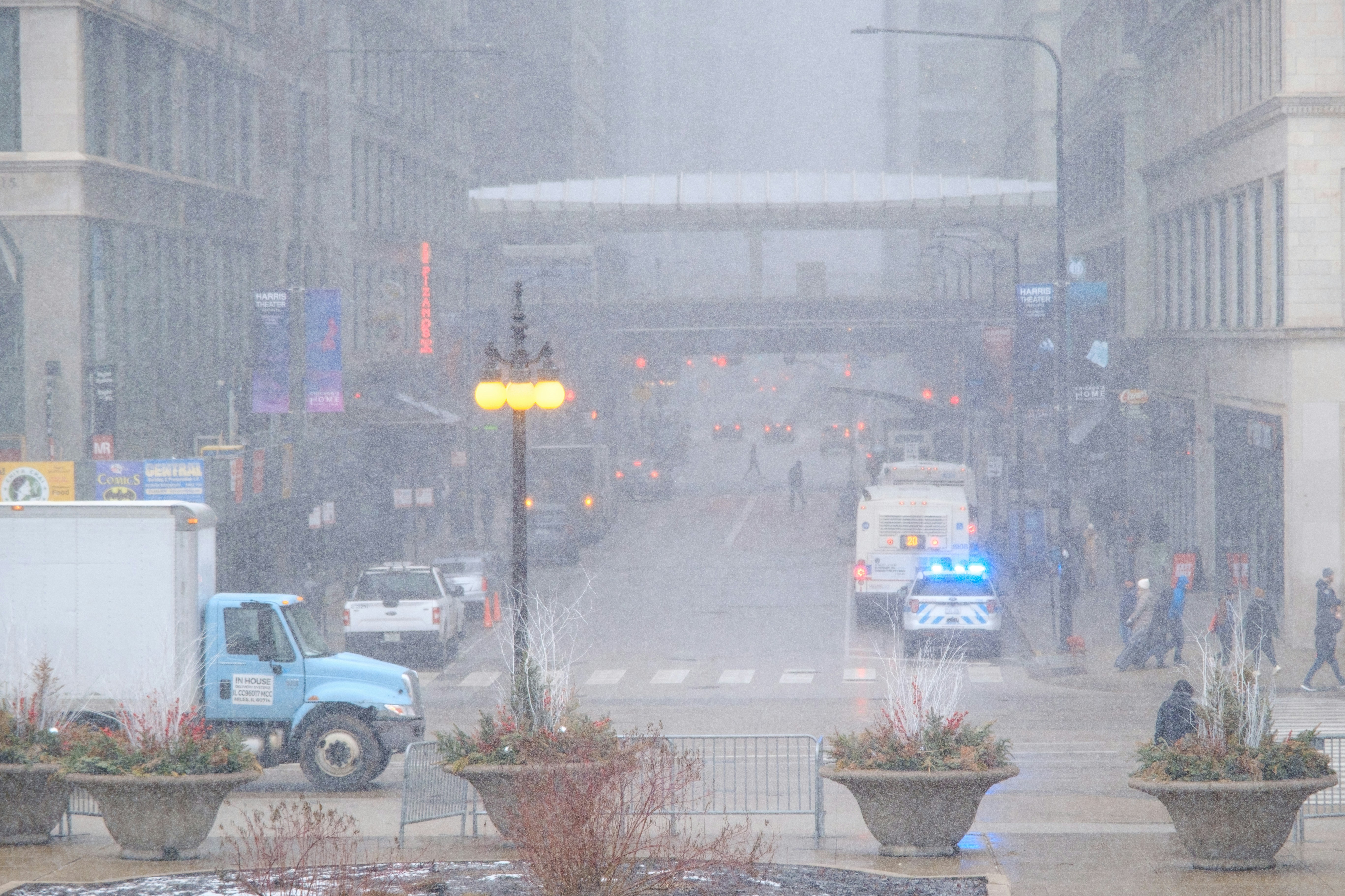 City in Tempest: Street Scene Under Heavy Mist and Rain