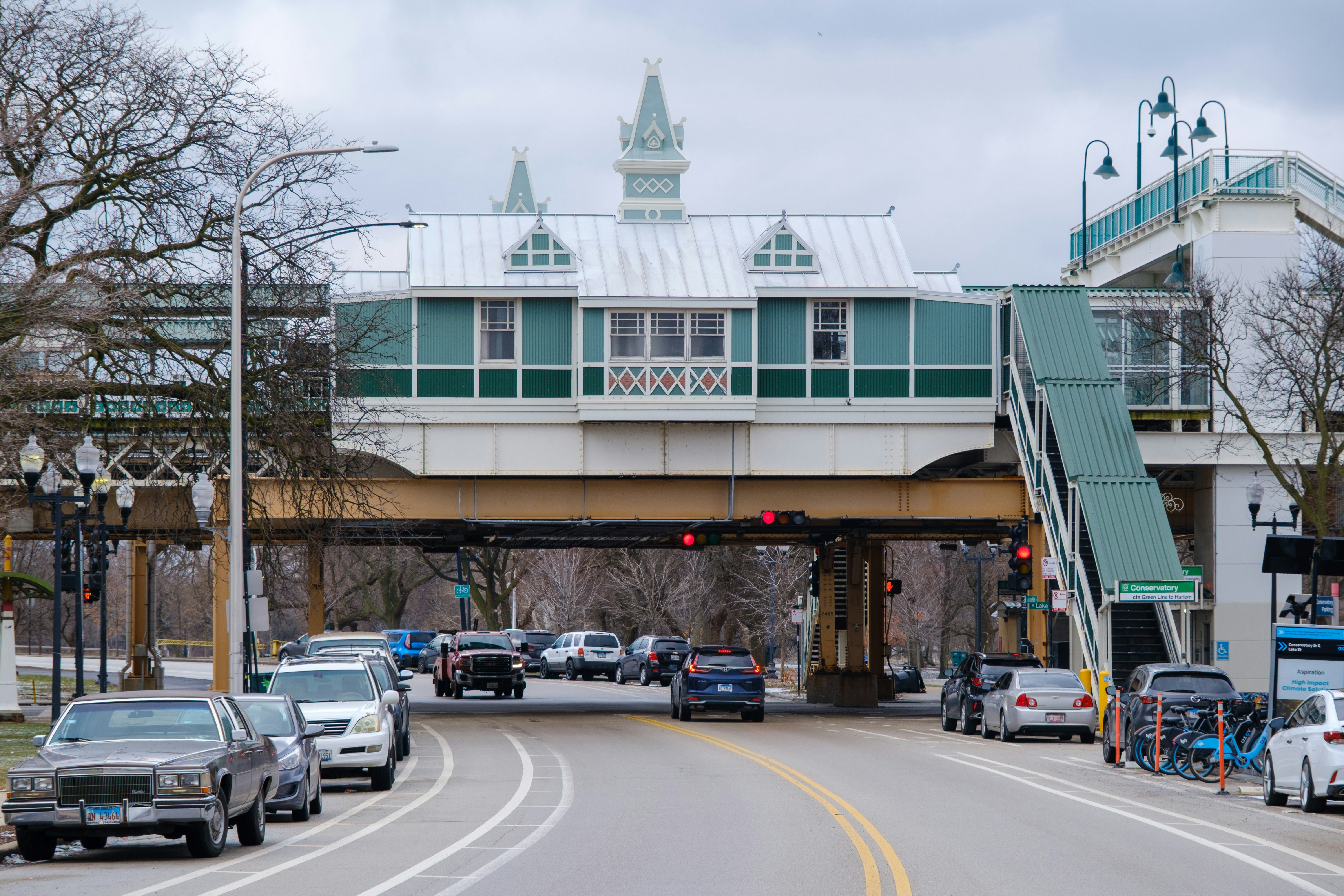 Pedestrian Bridge Architecture Over a Calm City Street