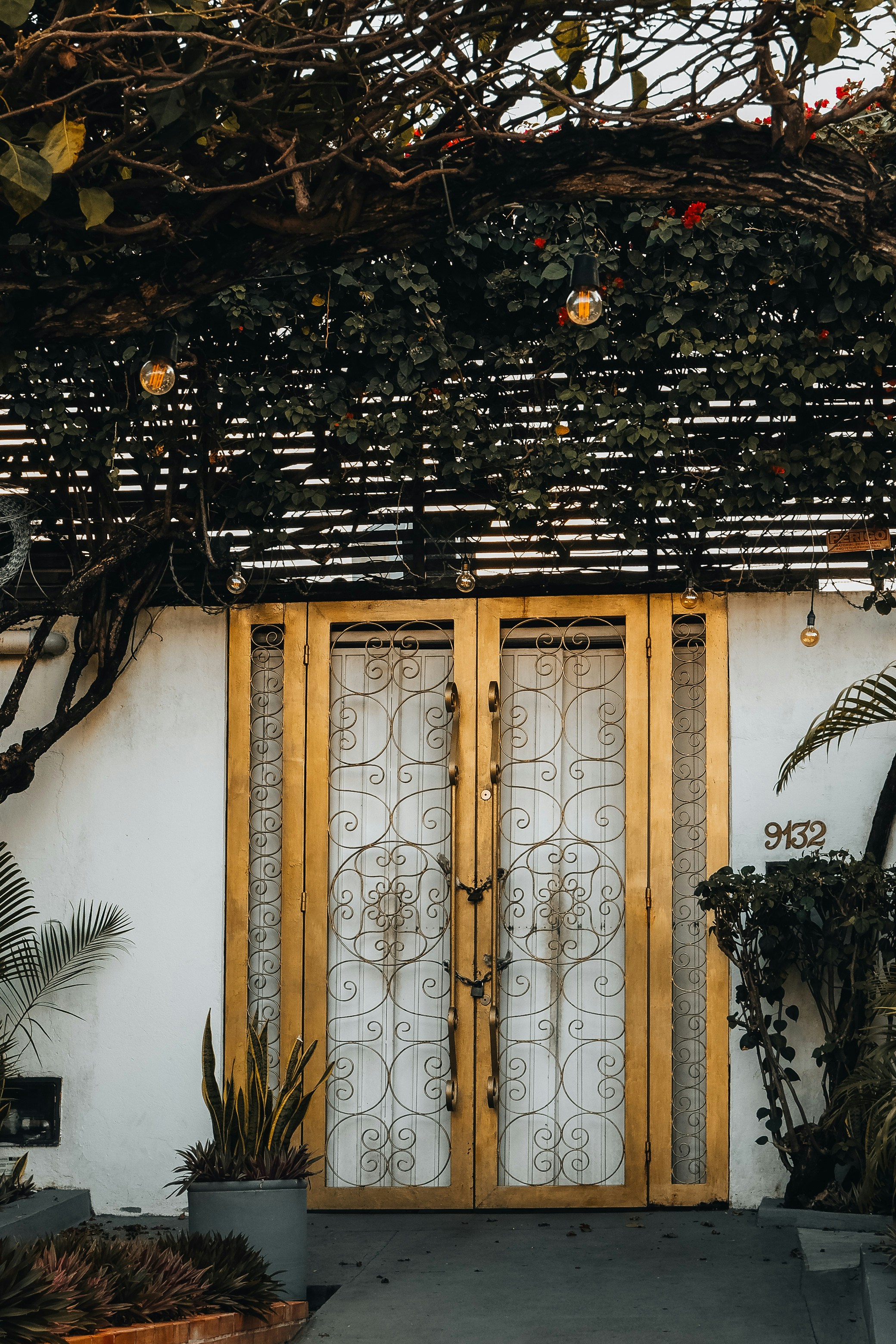 Golden Gate of Entry: Ornate Doors Framed by Night-Blooming Foliage