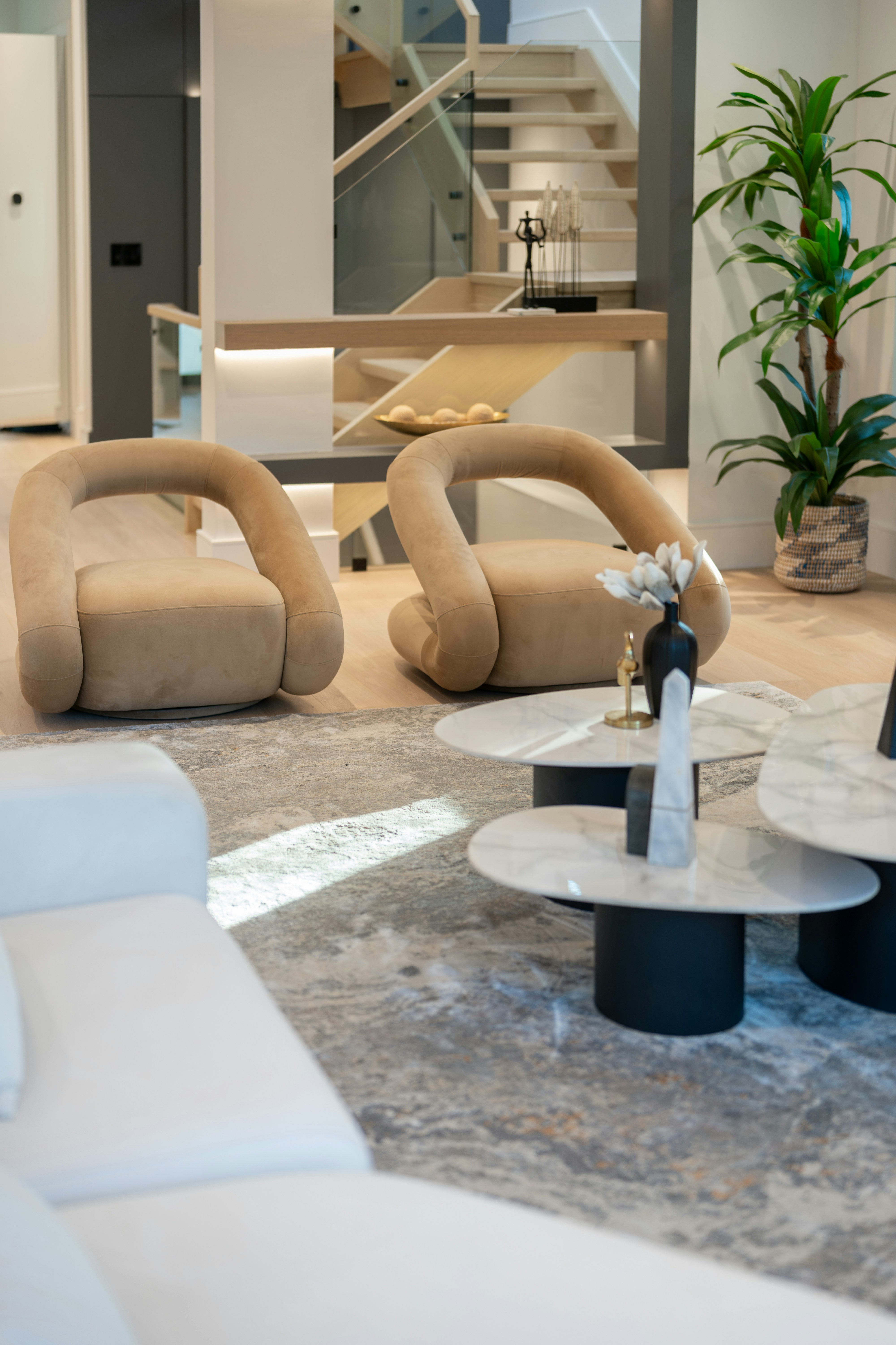 Minimalist Lounge in Soft Light with Sculptural Seating and Greenery