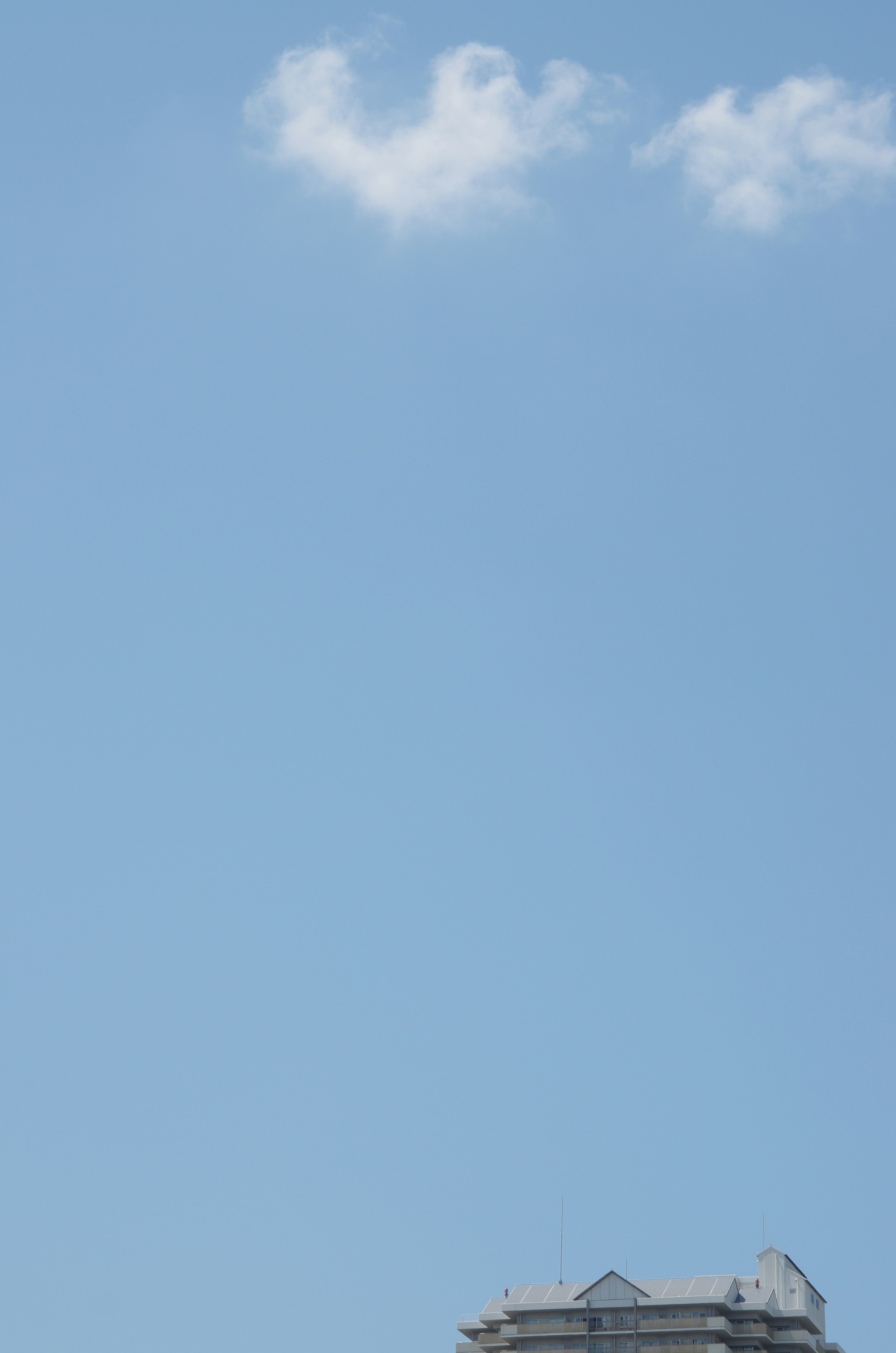 Tall blue sky with a building edge peeking from the bottom-right, emphasizing negative space and vertical compositional balance.