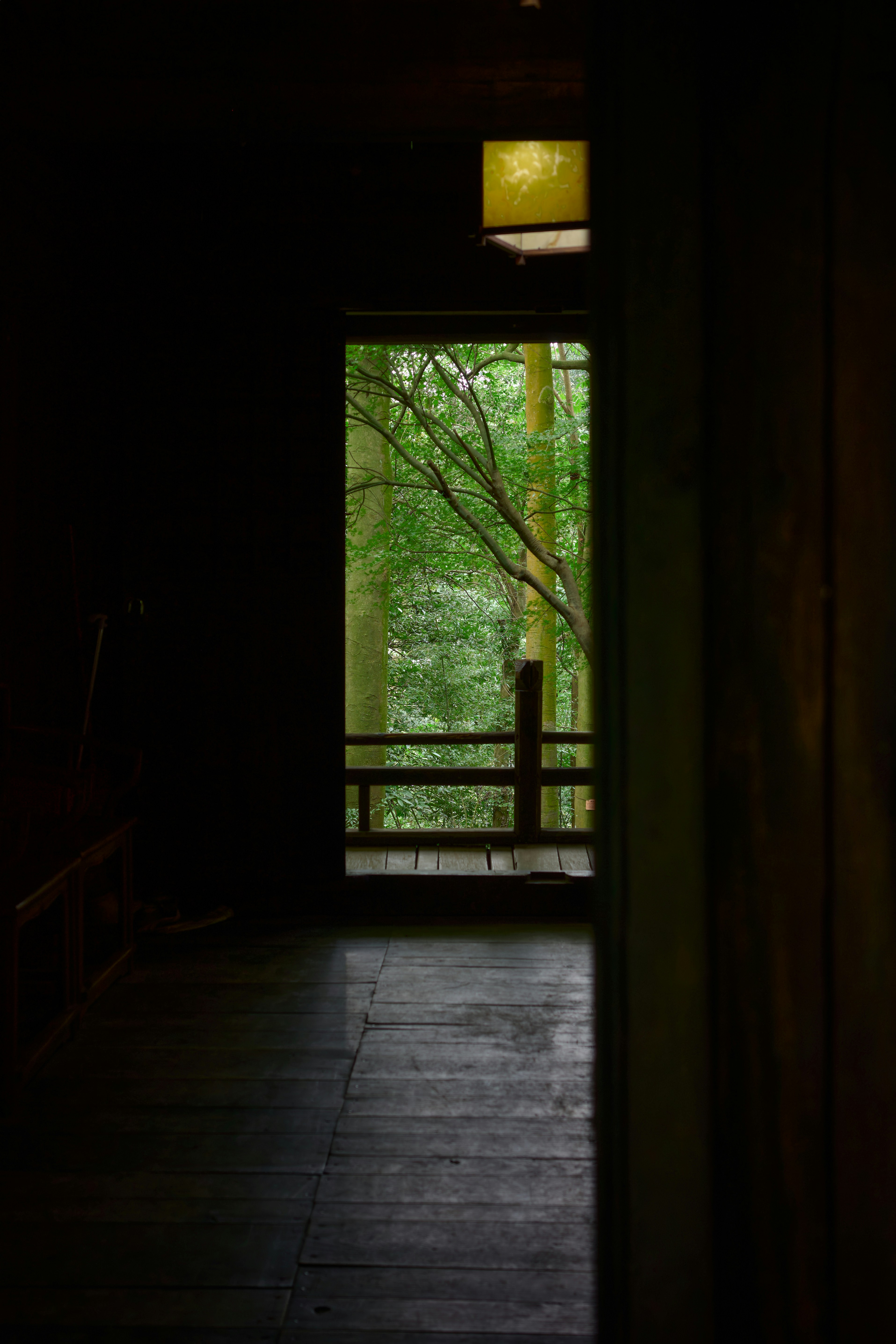 A dim interior leads to a sunlit doorway framing a lush green garden beyond; the scene emphasizes a retreat from darkness into natural light. (photograph) The image captures a wooden veranda and railing seen through an opening. 
