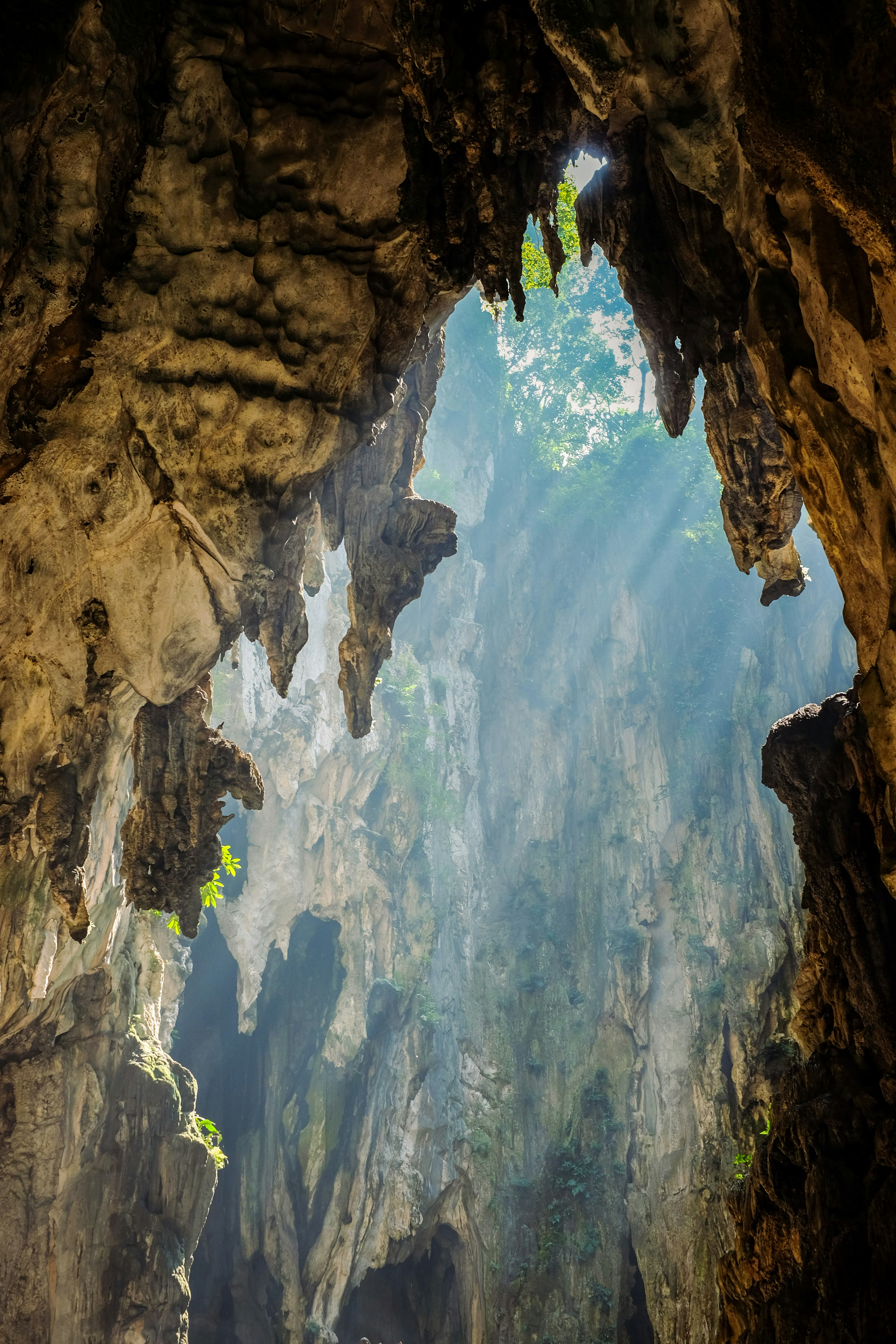 Sunlit Chasm: Rays Through the Stalactite Cathedral