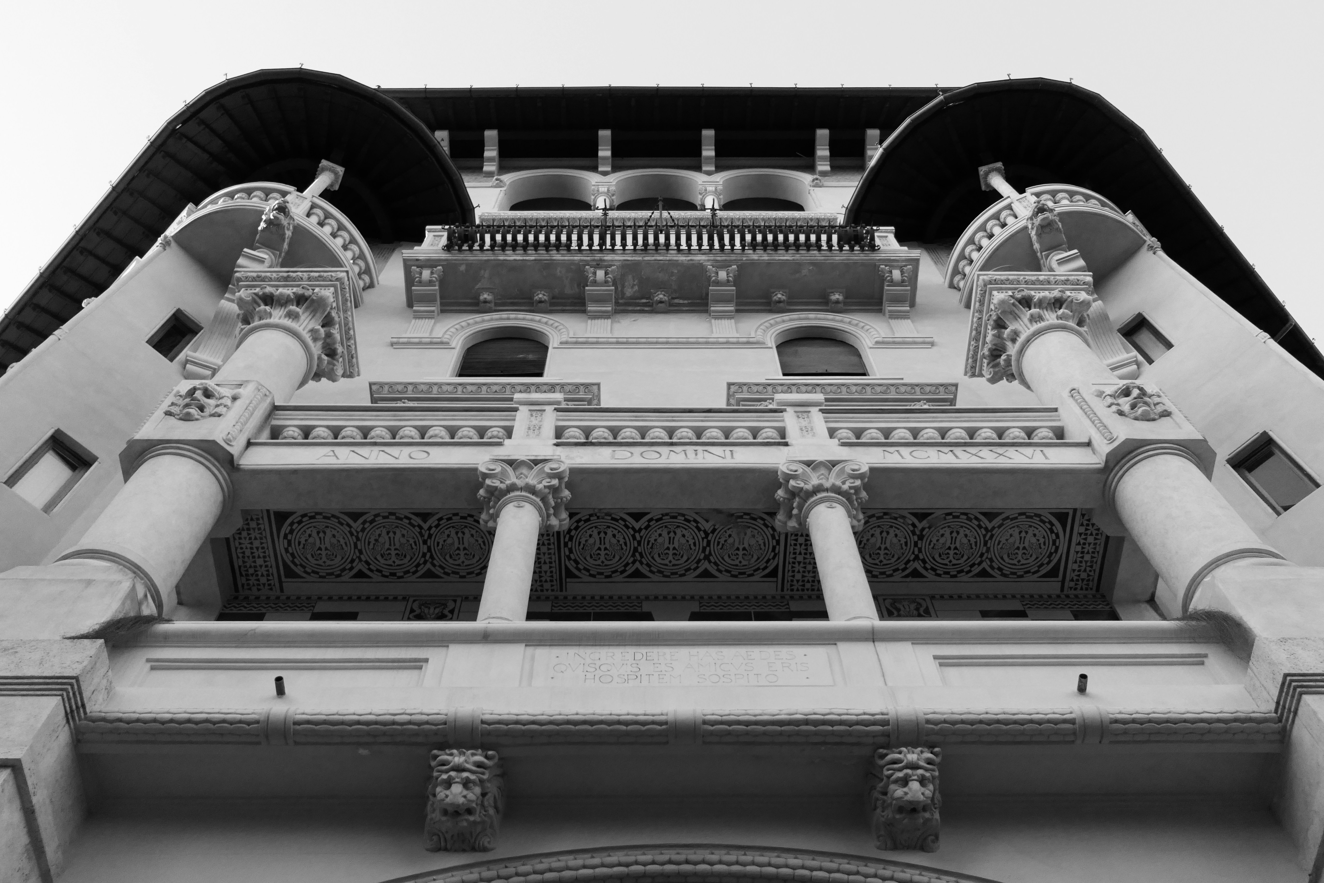 Architectural Ascent: A Monochrome Facade in Vertical Perspective