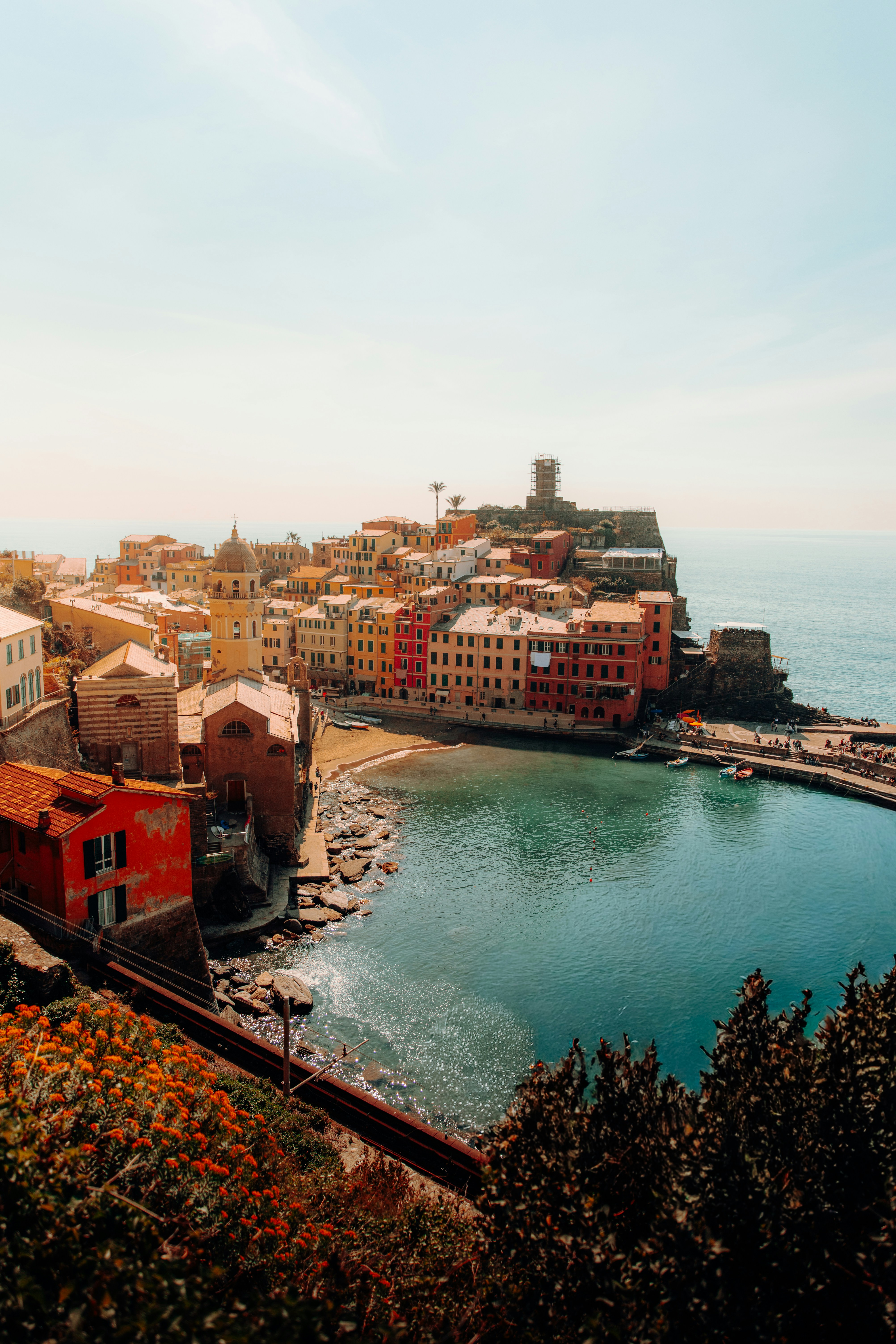 Sunlit Cinque Terre Harbor: A Painted-Town Clifftop