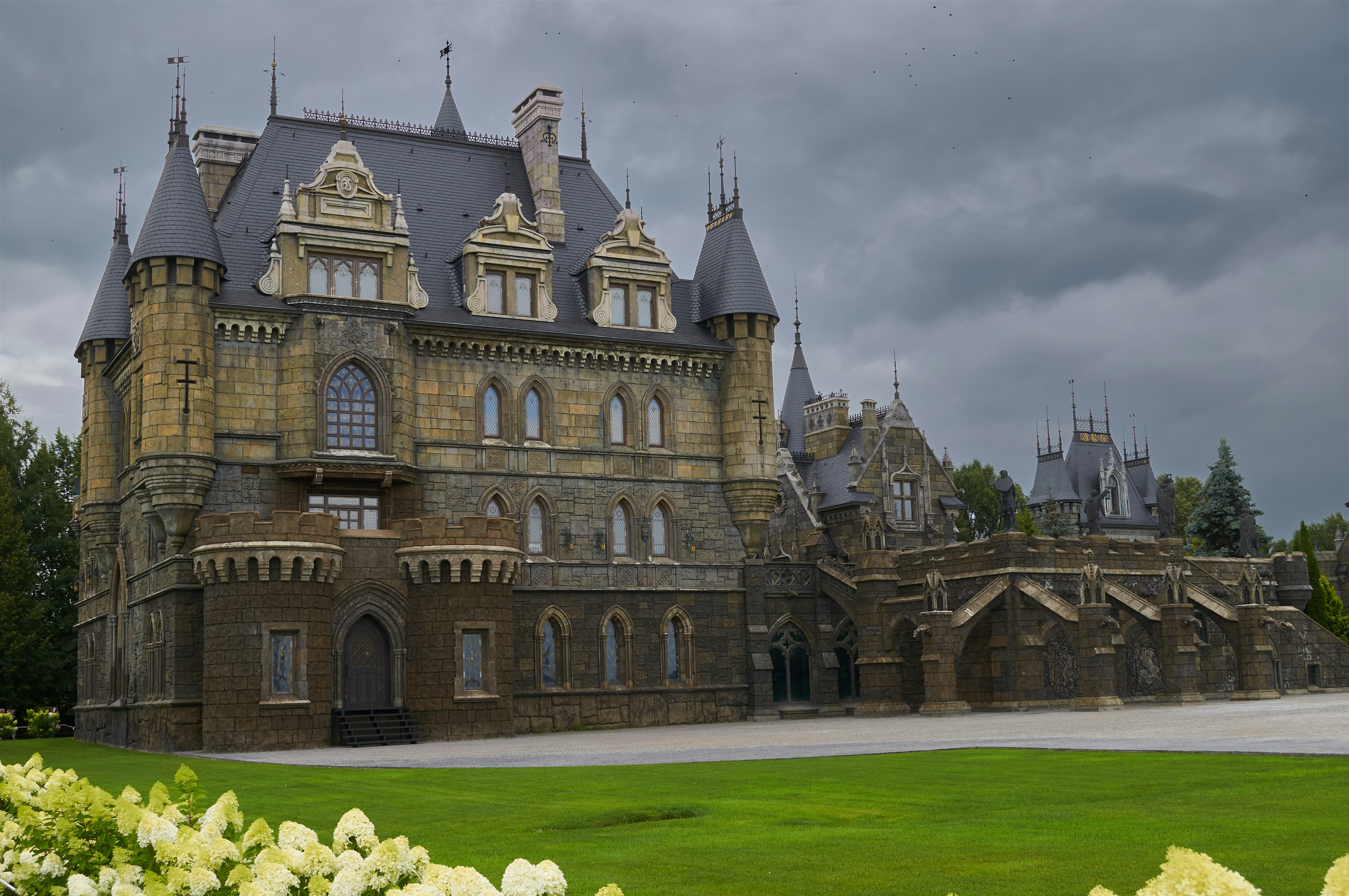 Gothic Echoes: A Castle Facade Under Overcast Skies