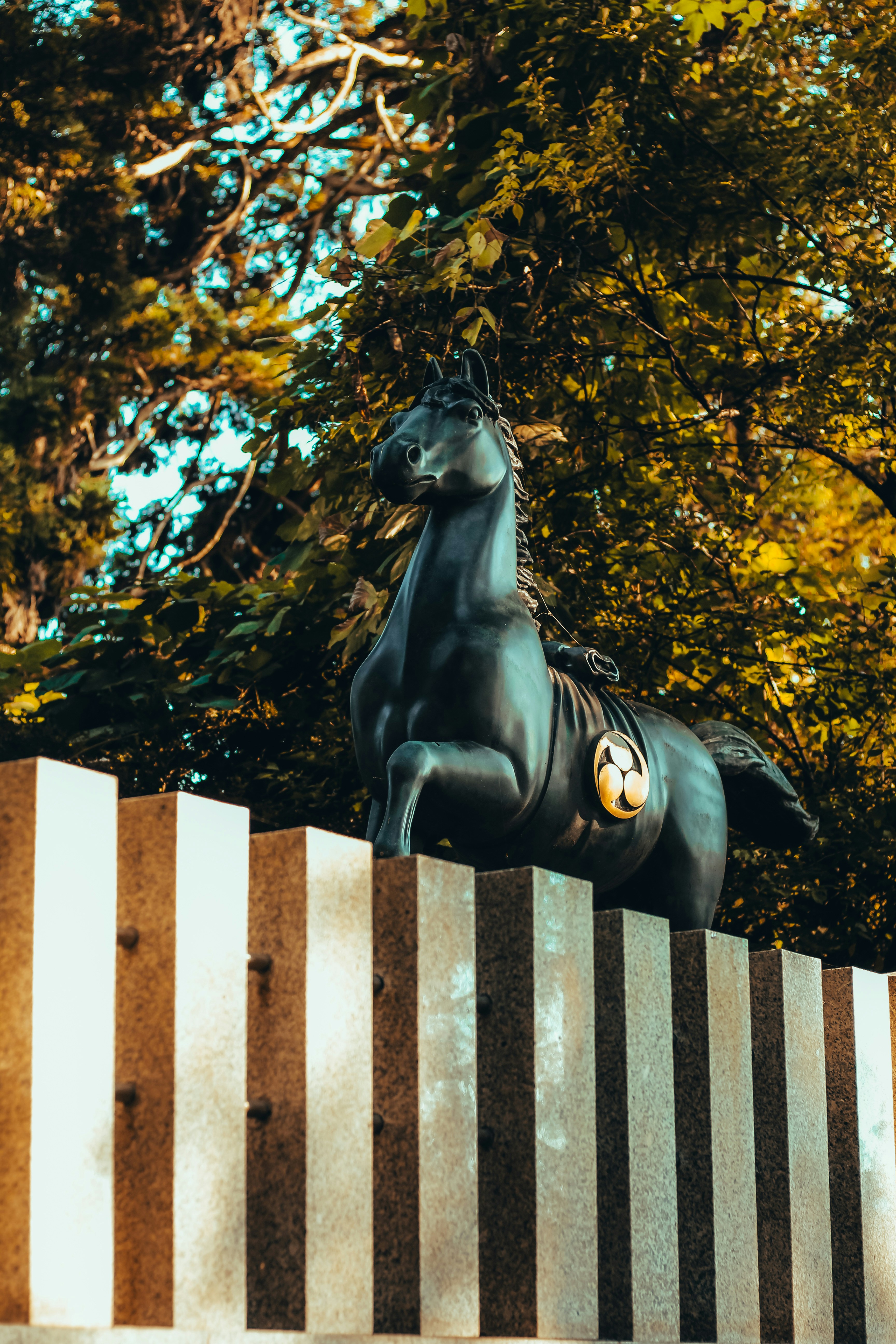 Iron Steed above the Fence: Astone Horse Statue in Dappled Shade