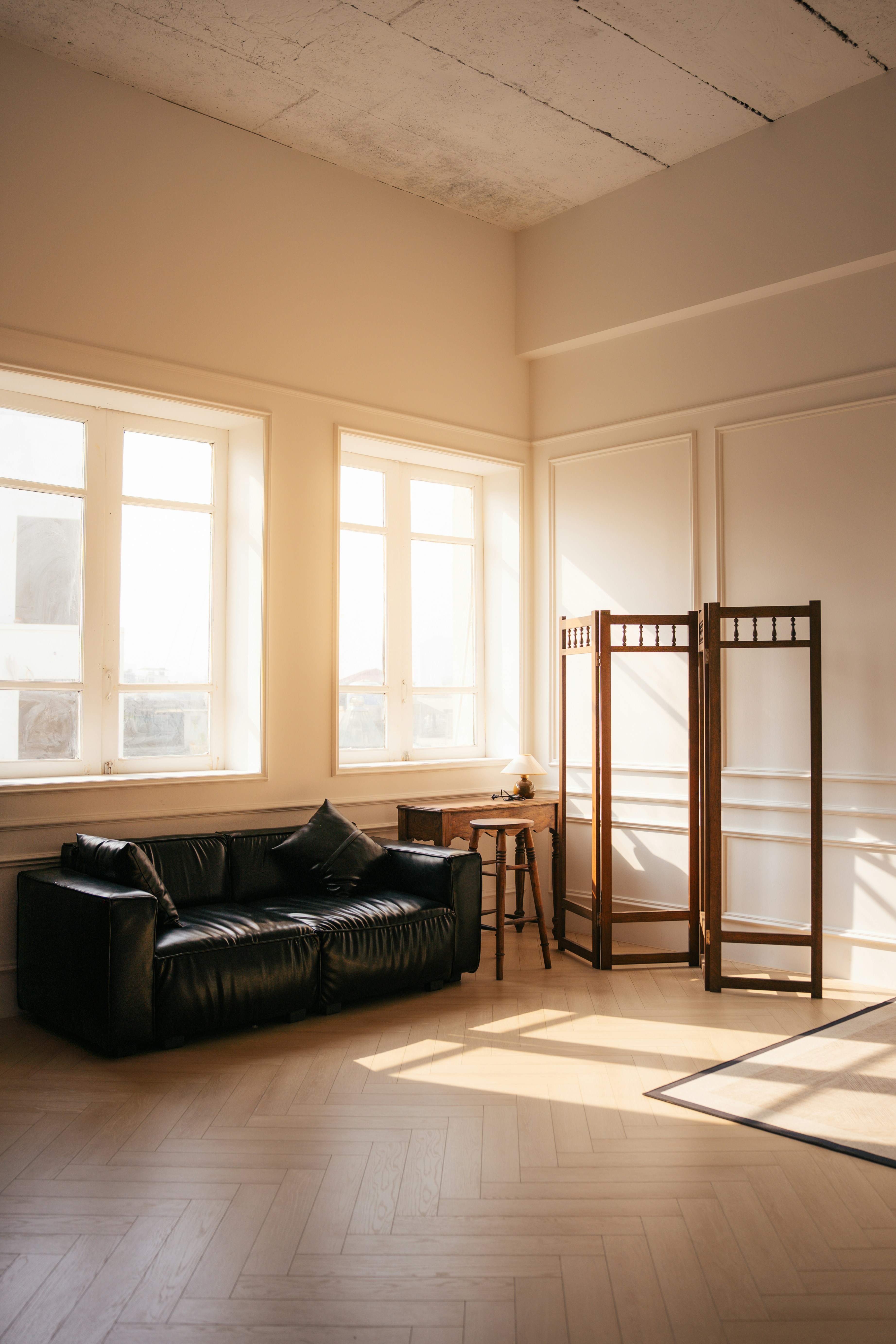 Sunlit Studio Lounge with Leather Sofa and Partition