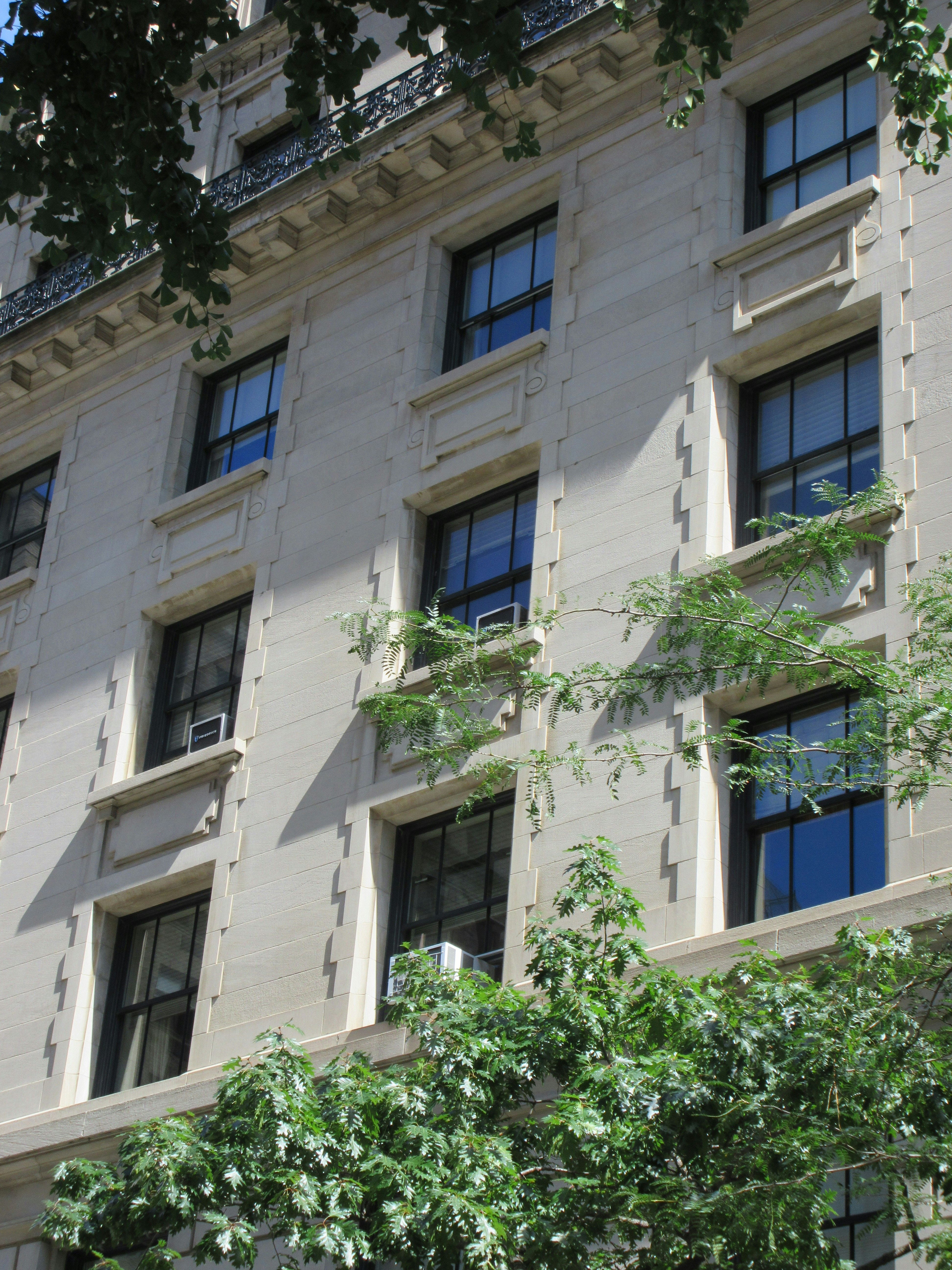 Sunlit Windows and Greenery Along a Classical Facade