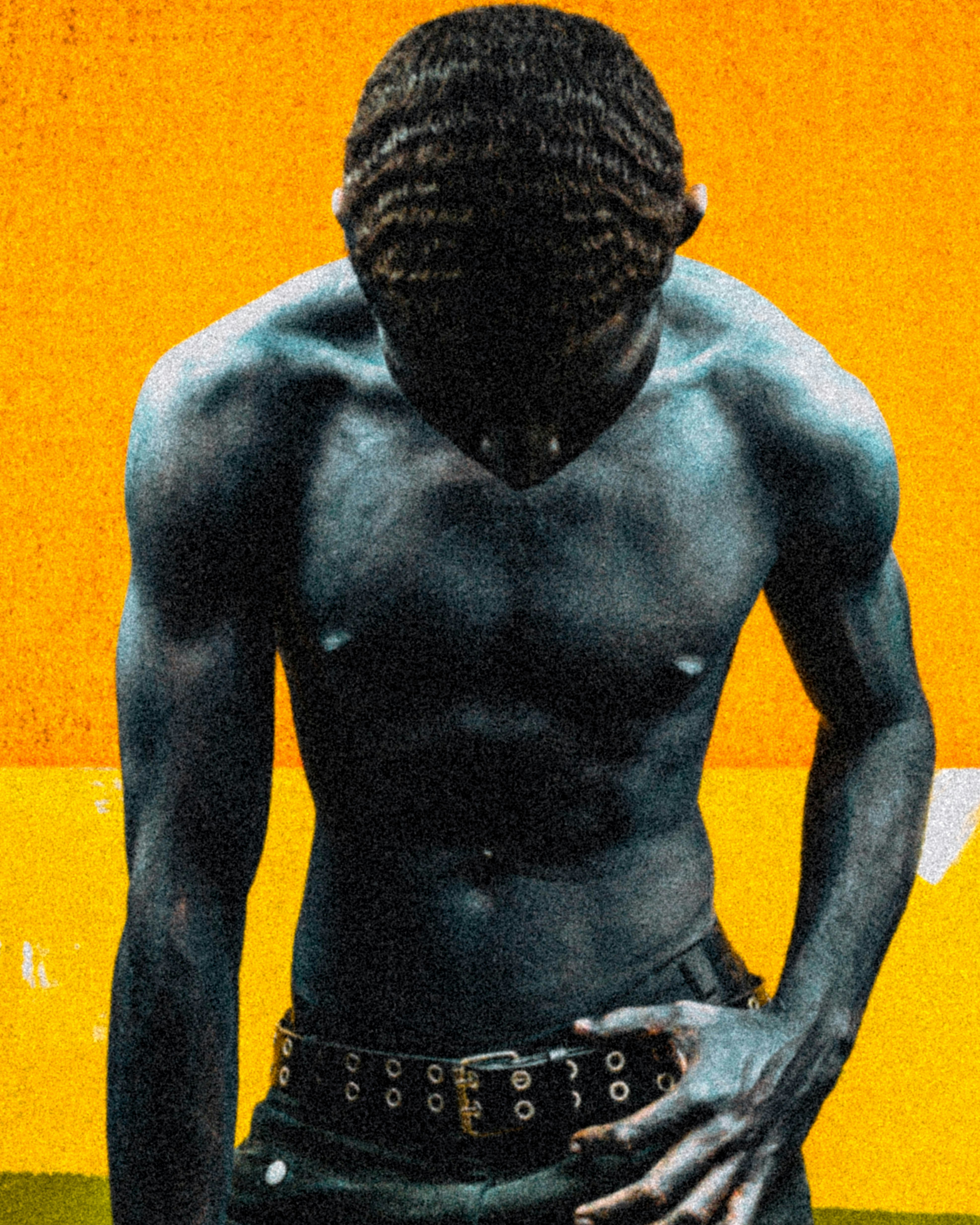 Chrome Belt and Muscular Silence in Neon Orange