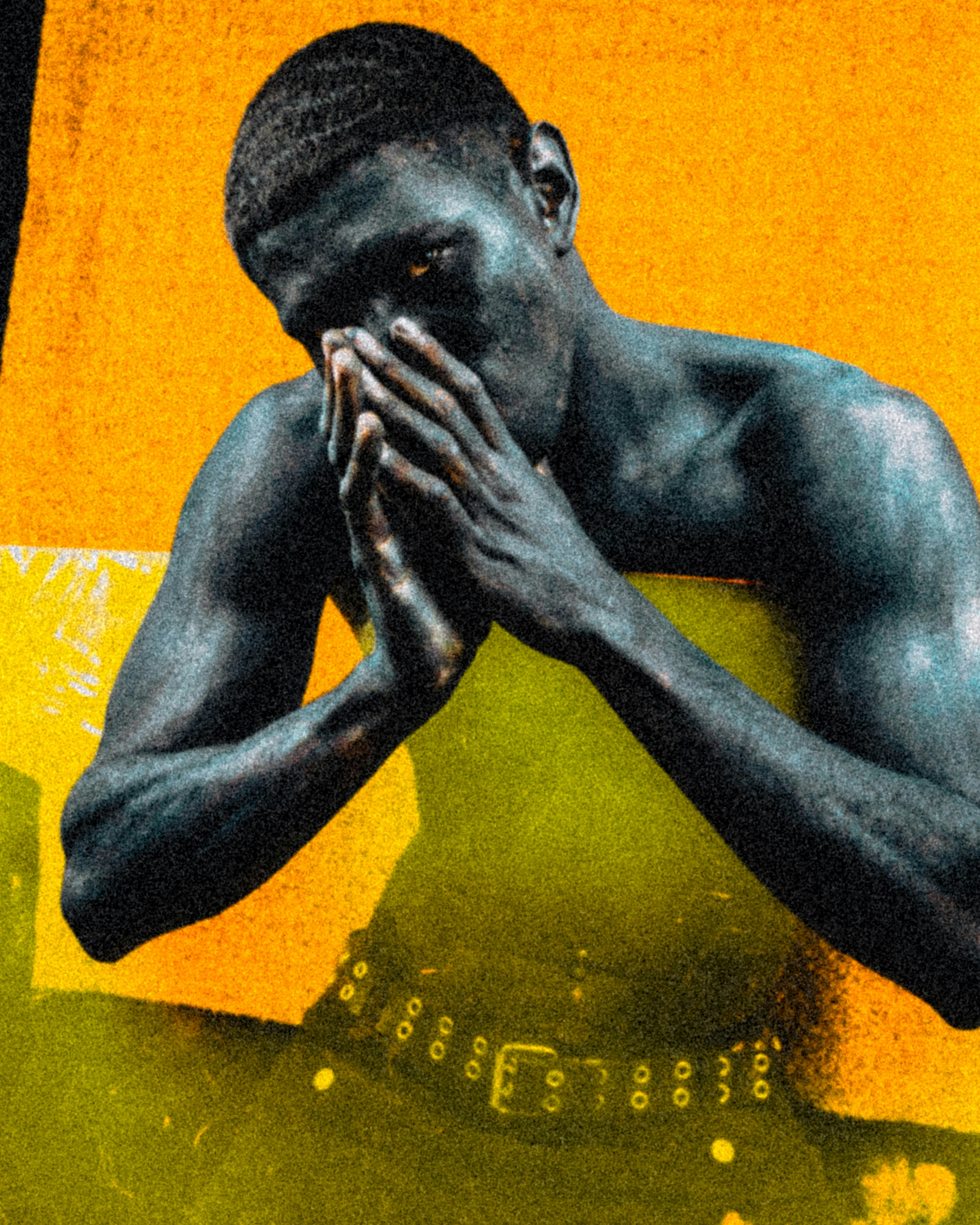 Primal Calm: A Portrait of Contemplation under Neon Heat