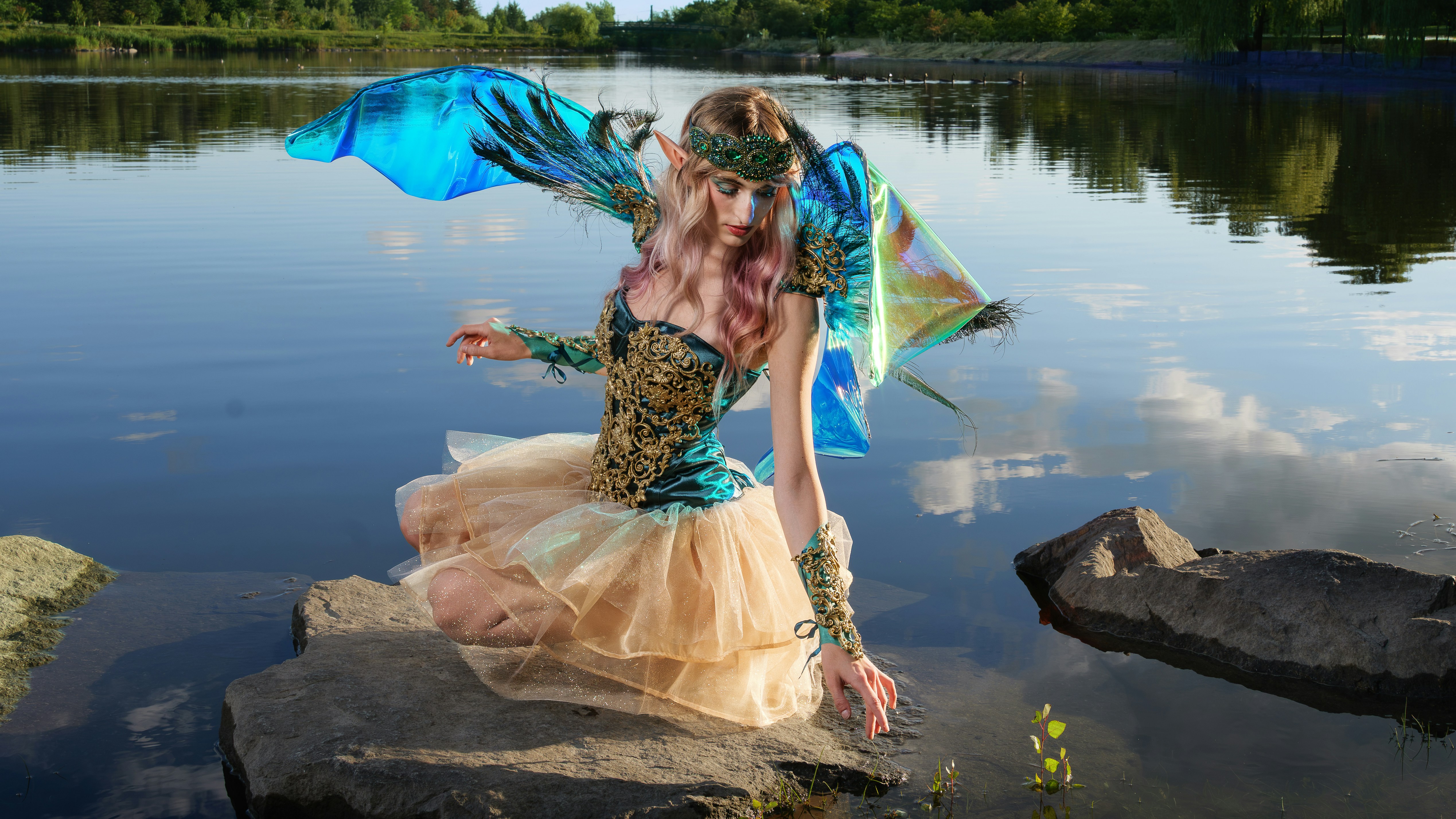 Enchanted Pose on the Riverbank: A Dreamlike Ensemble by the Water