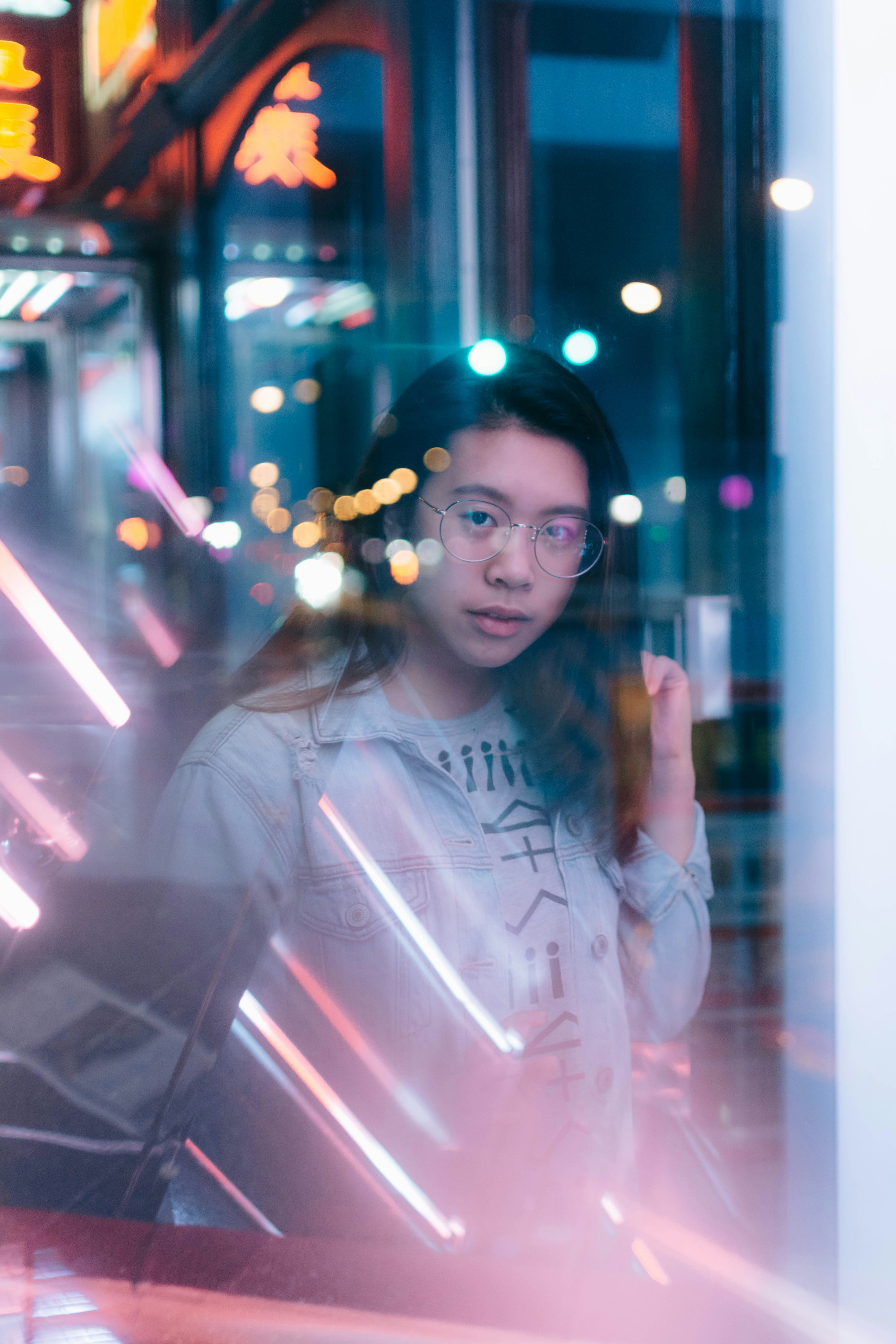 Neon Portrait Through a Glass Window
