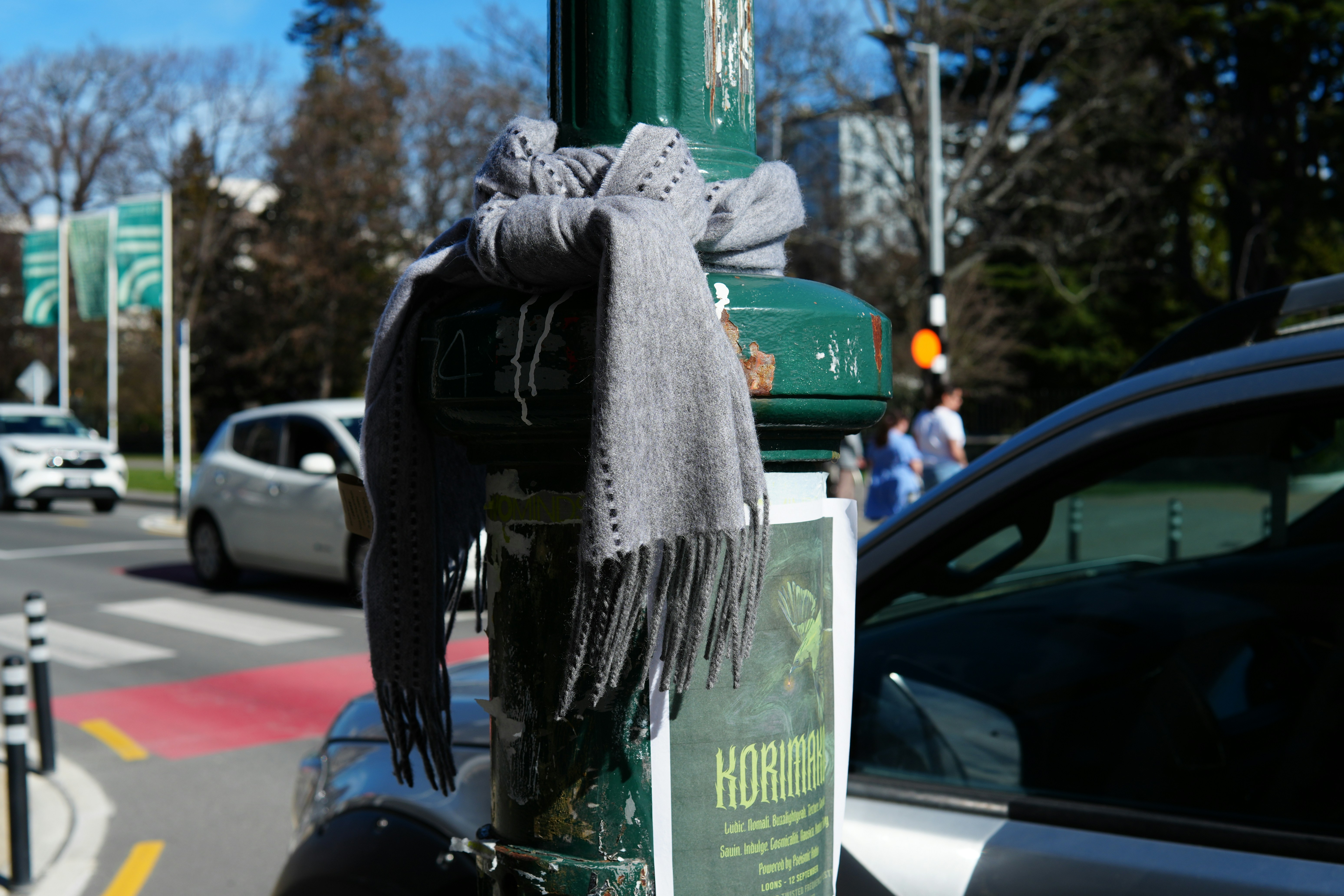 Scarved Pole on a Busy Street Corner