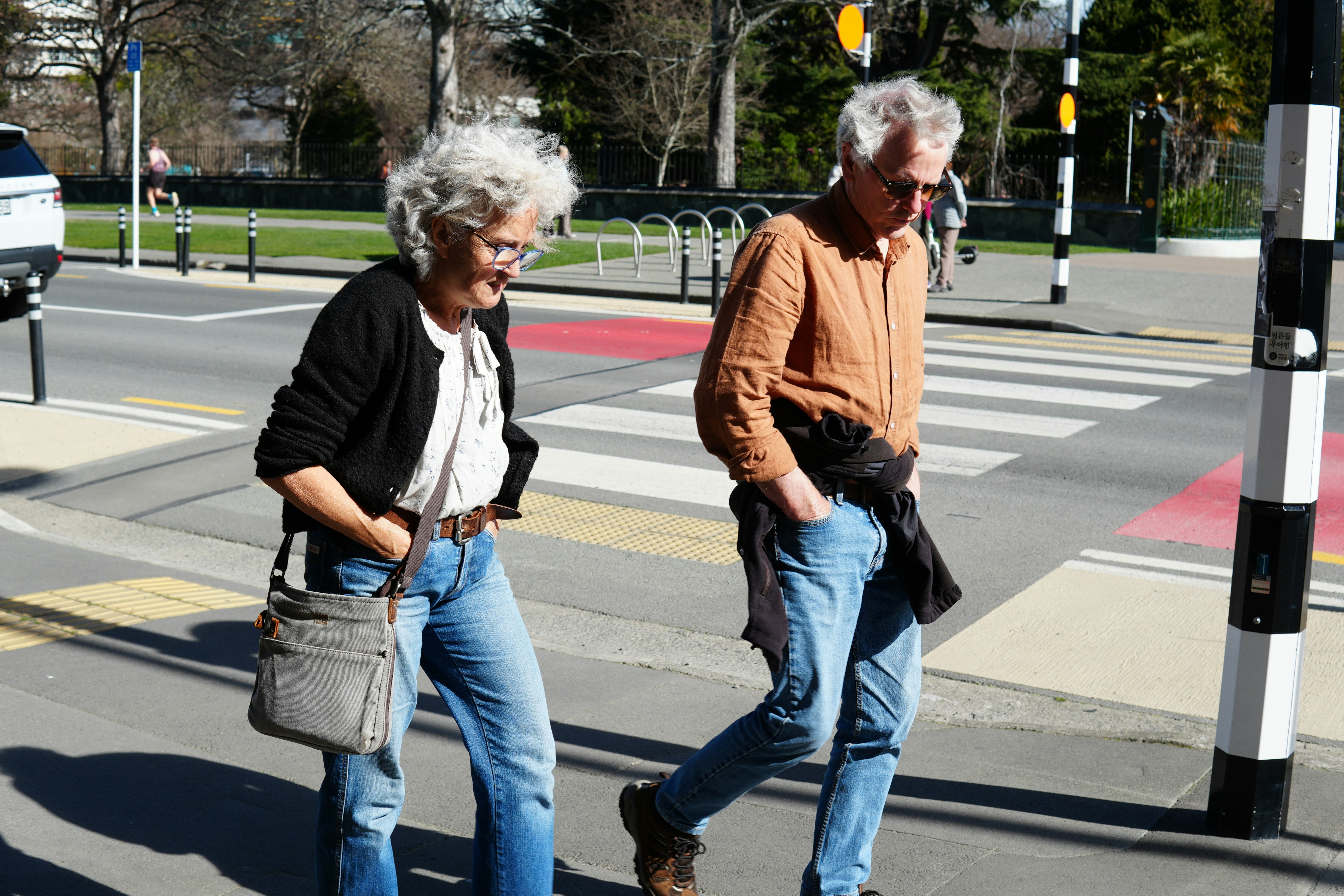 Crossing Paths: A Pair of Elderly Walkers Stride Past a City Crosswalk