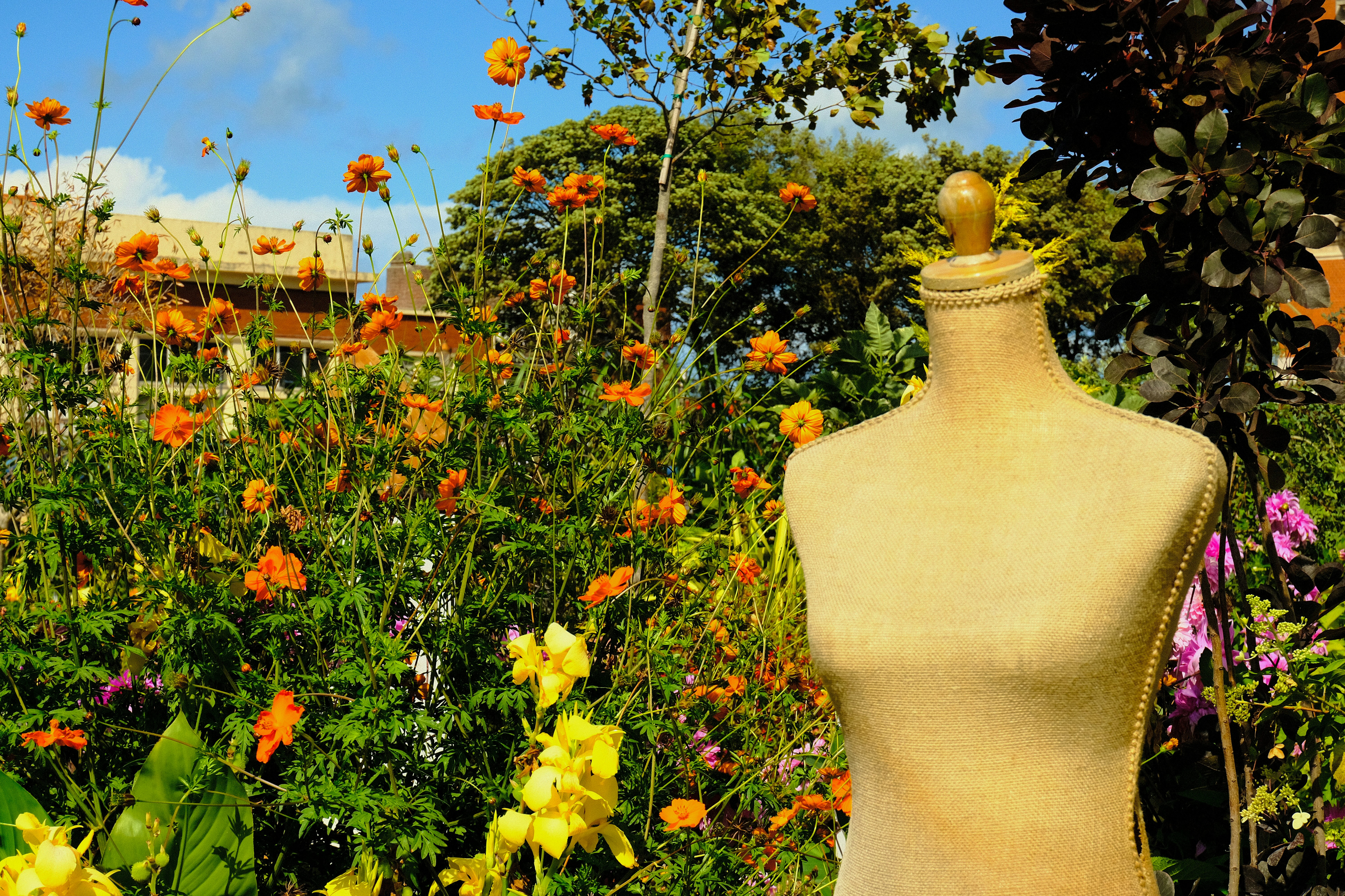 Garden Muse: A Fashion Manikin Among Sunlit Blooms