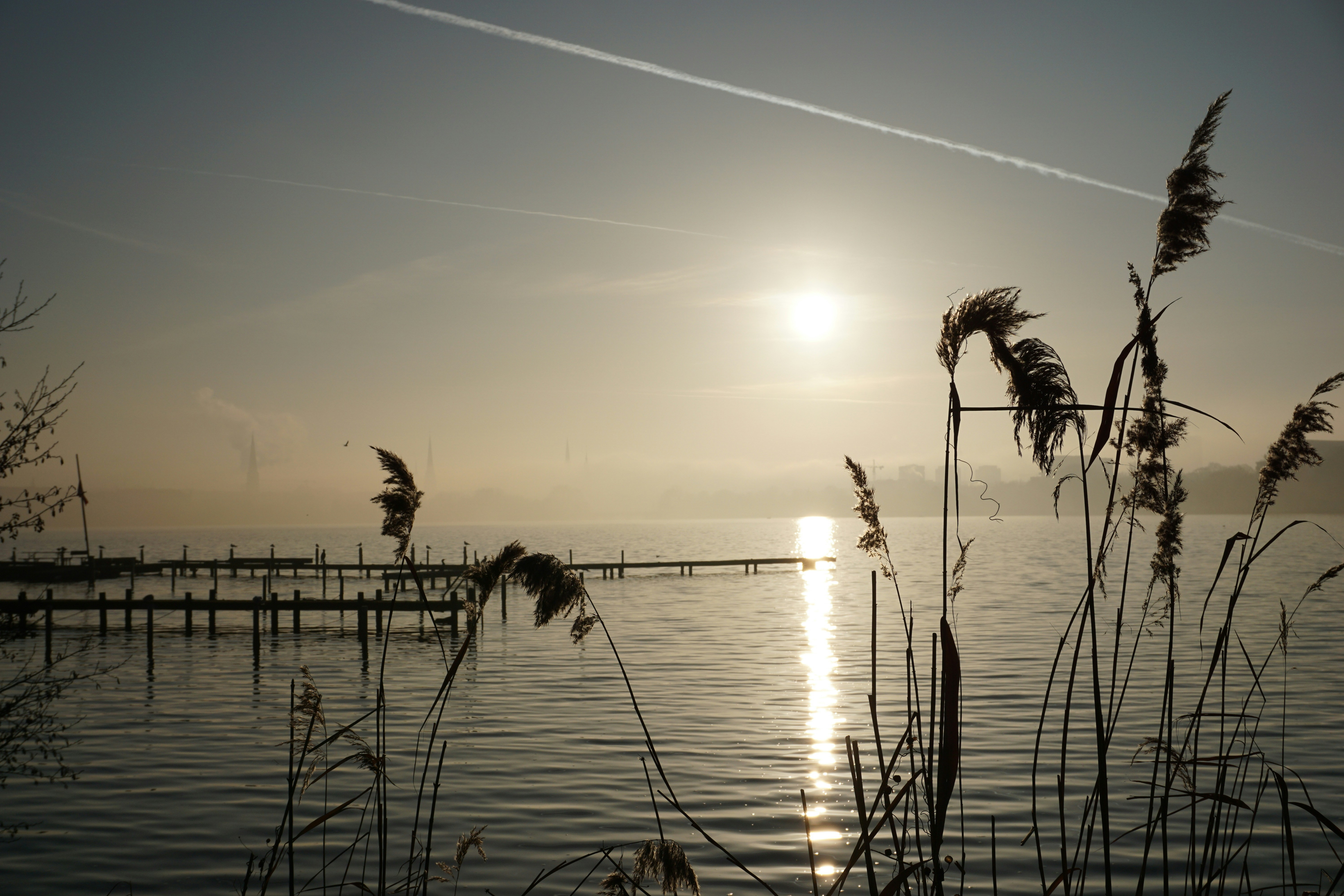 A serene lakeside scene at sunrise, with misty reflections on the water and silhouetted reeds in the foreground. The soft glow of the sun creates a tranquil atmosphere, with a pier extending into the calm lake.