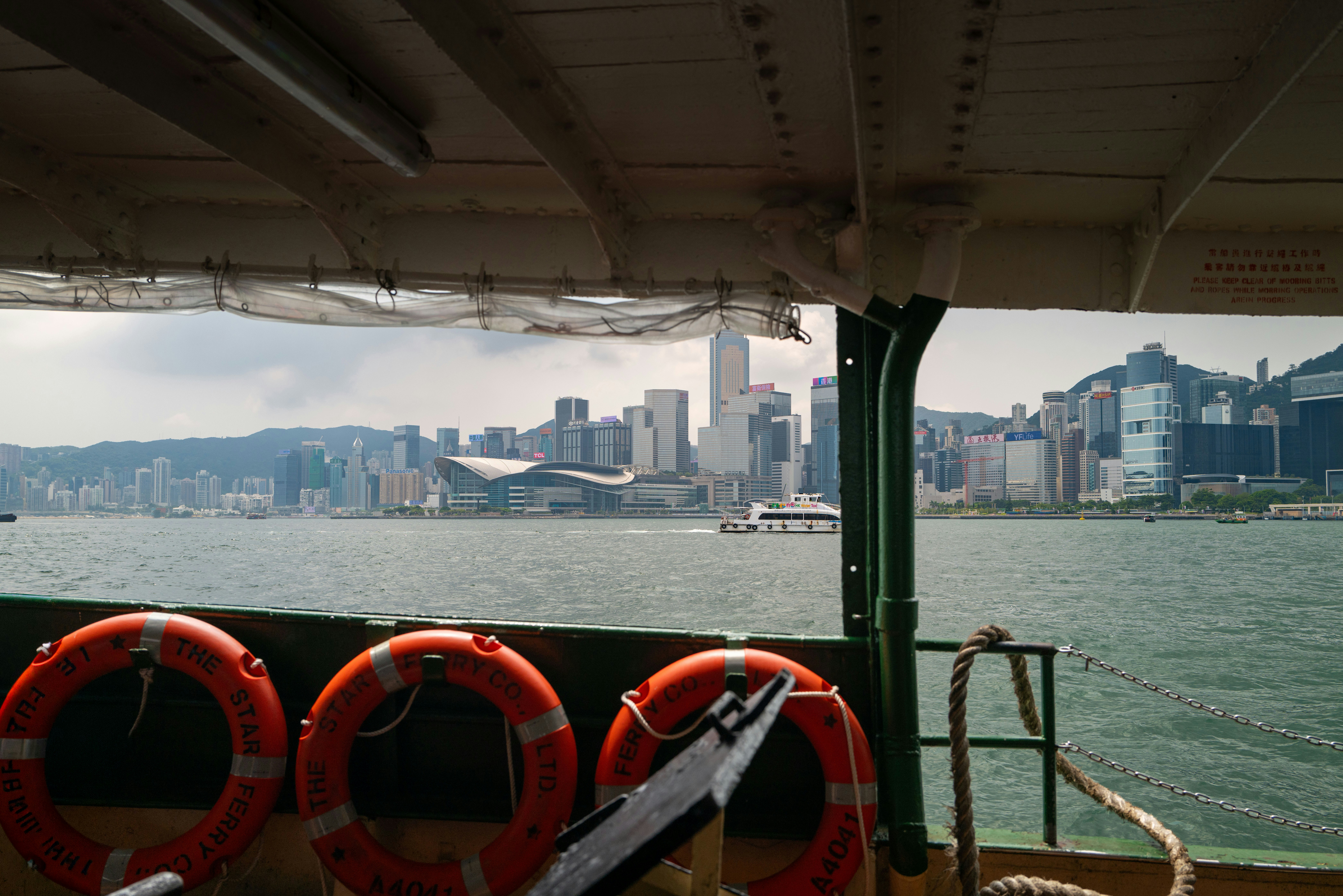 Harbor Tides: Cityscape Framed by Lifebuoys