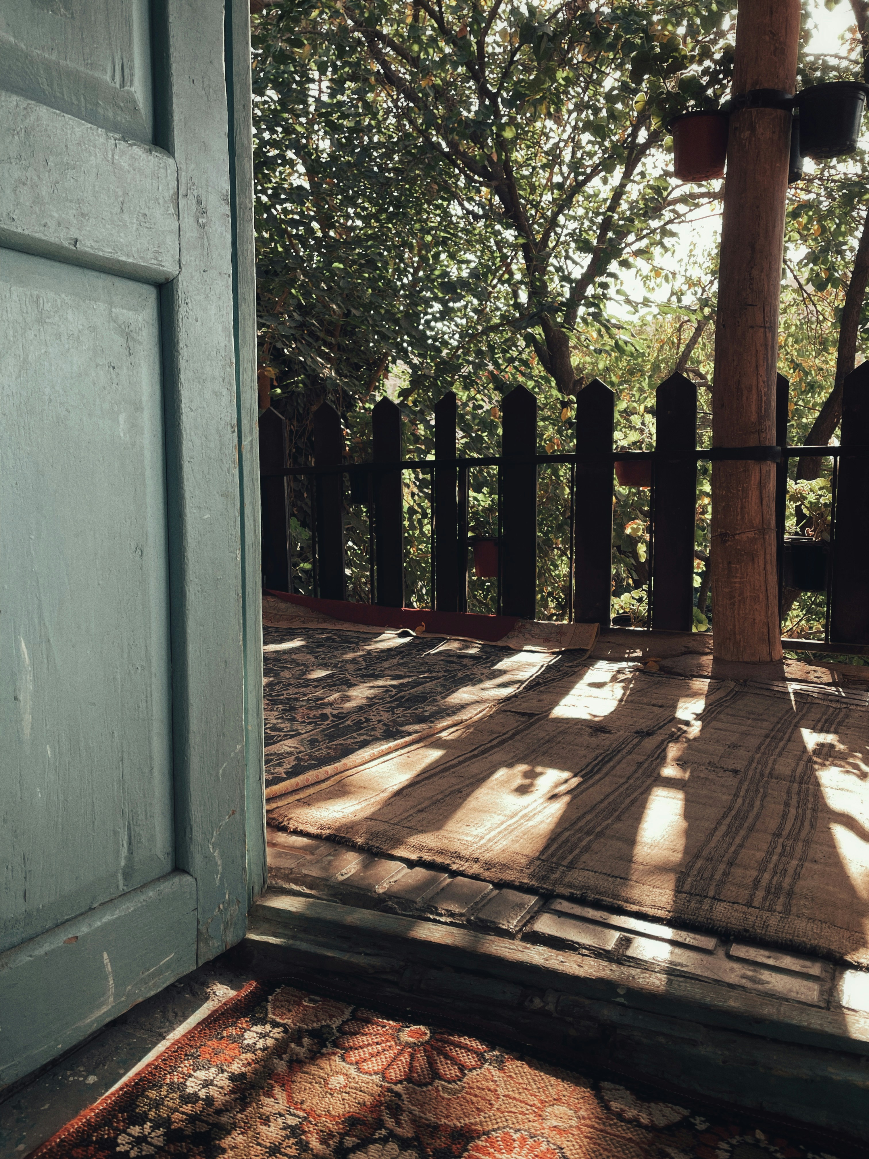Sunlit porch with an open teal door, wooden railing, and tree-shaded floorboards; the scene captures a calm, domestic exterior space with soft, warm tones.