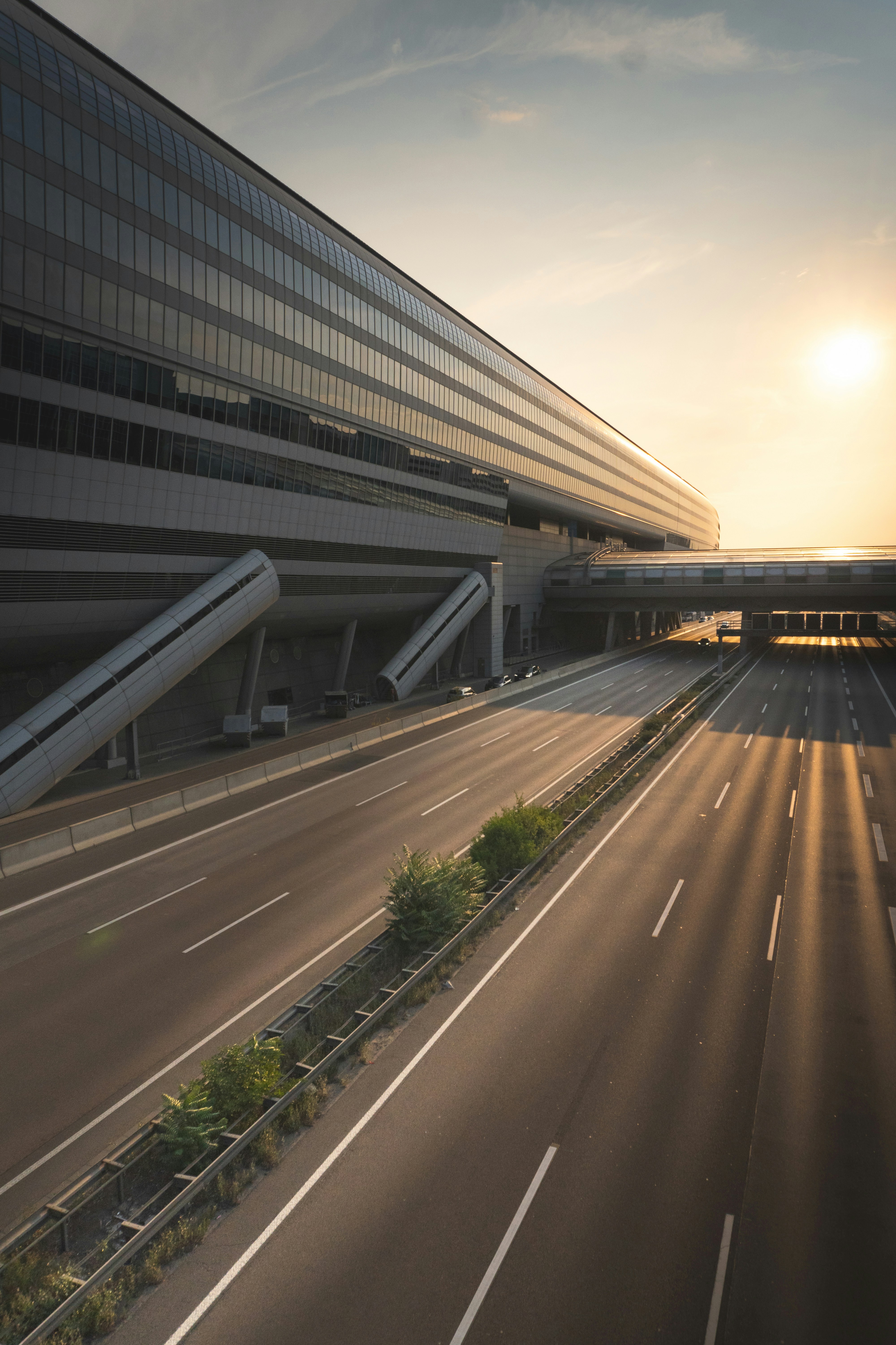 Sunlit Descent: A Highway Bordered by Glass and Light