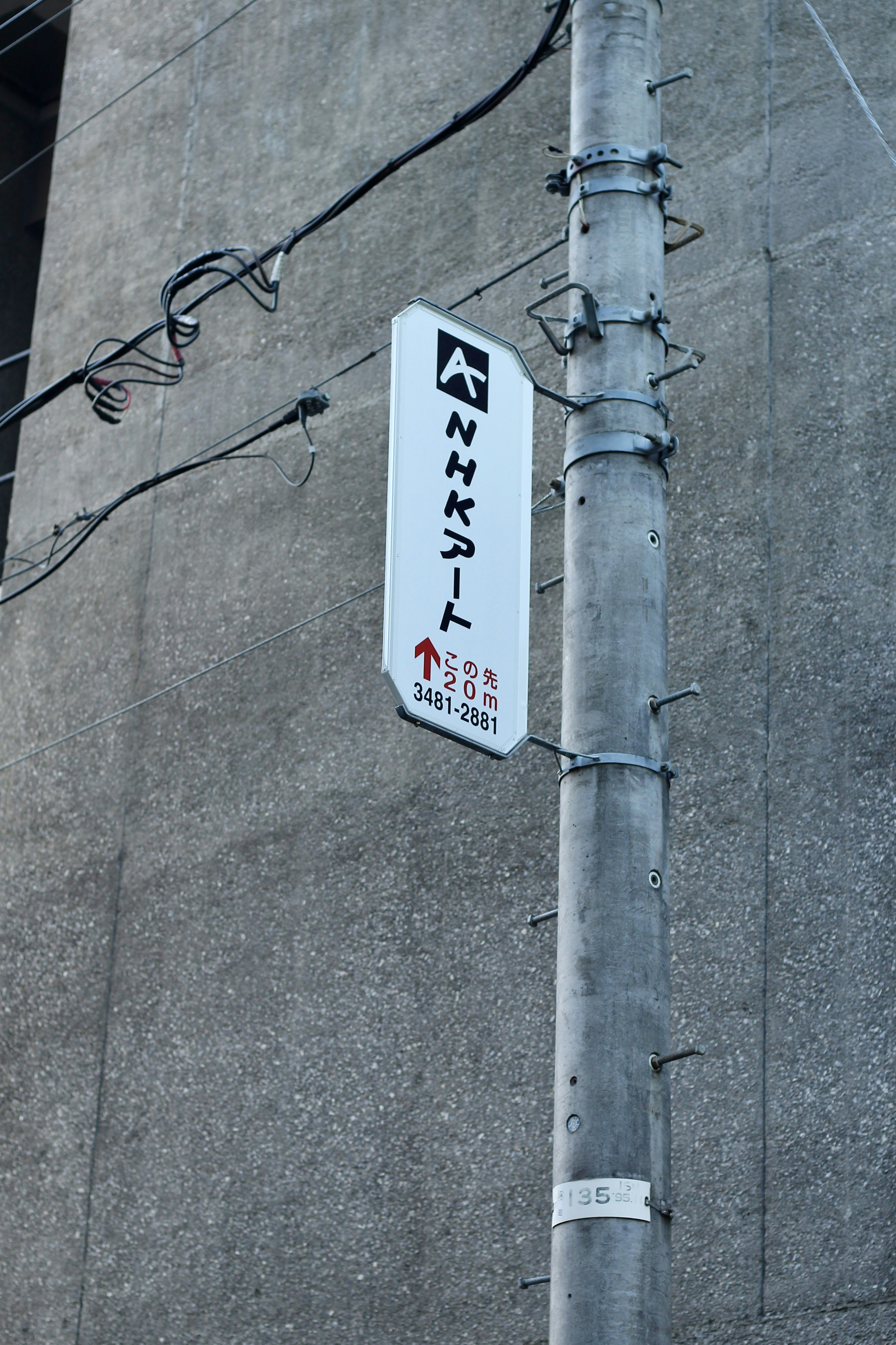 Pole-mounted Signage Silhouette: An Urban Vertical Sign Against Concrete Facade