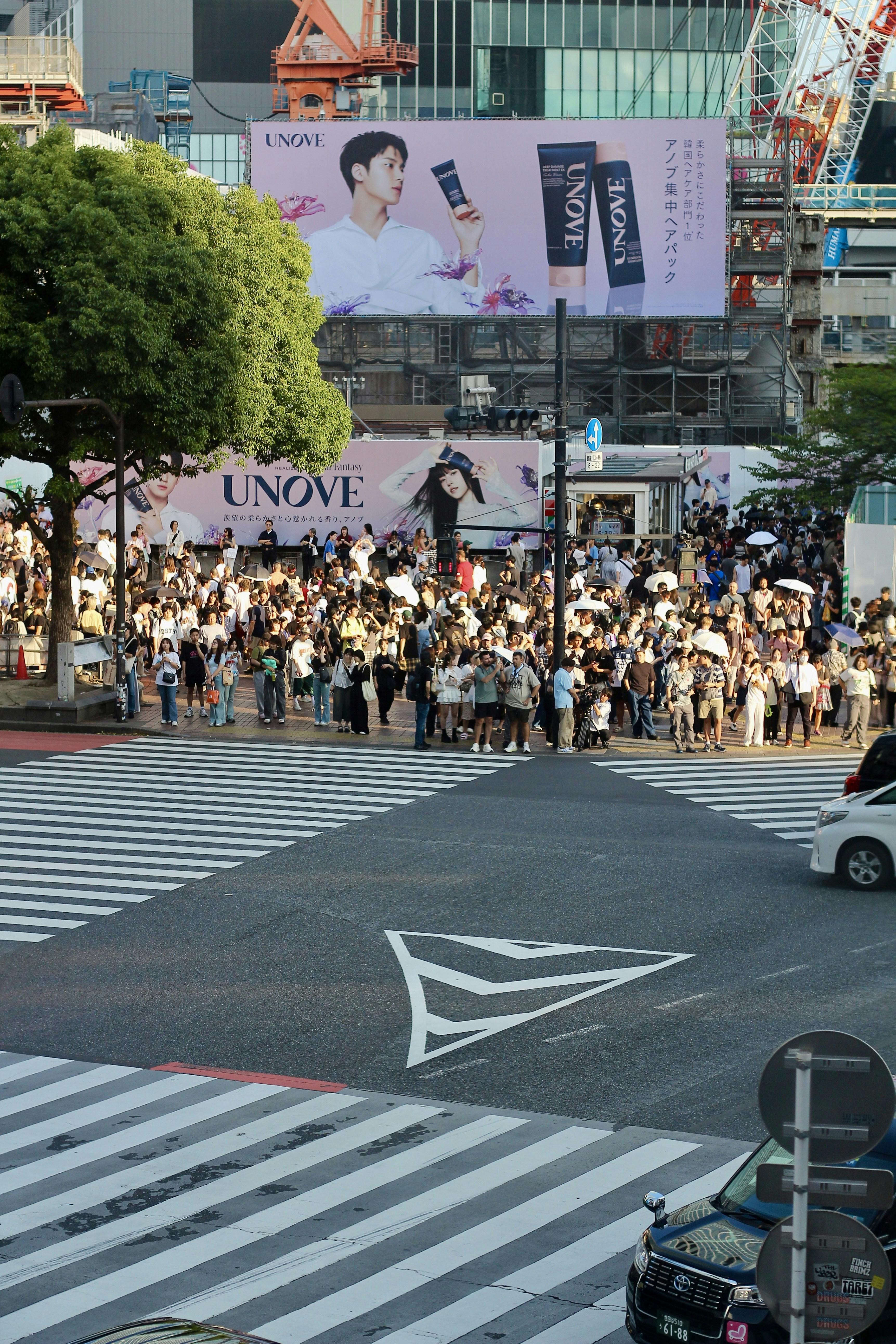 Crowd Gathering at a City Crosswalk Beneath Brand Billboards