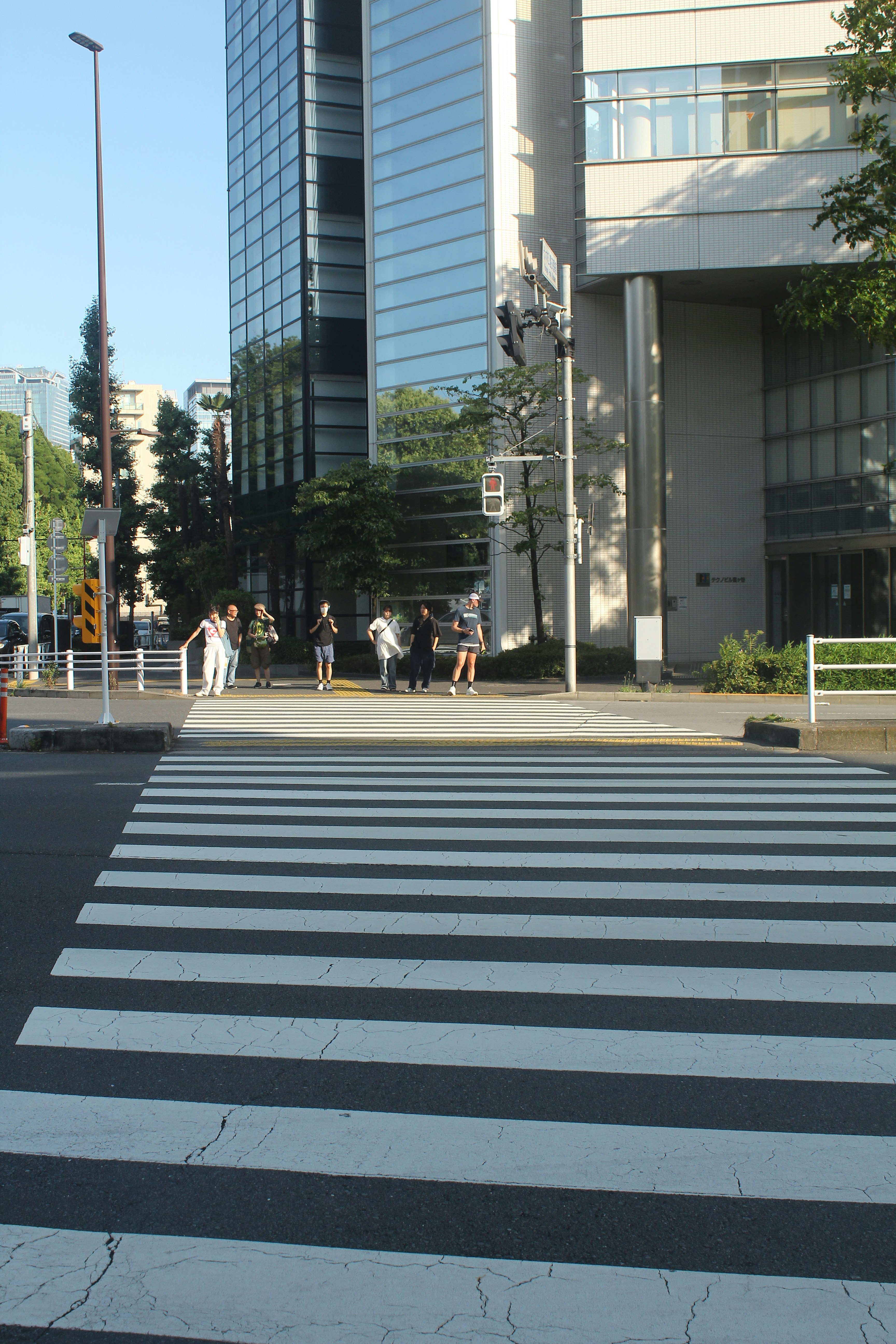 Urban Crossing: Silhouettes Waiting at the Glassy Facade