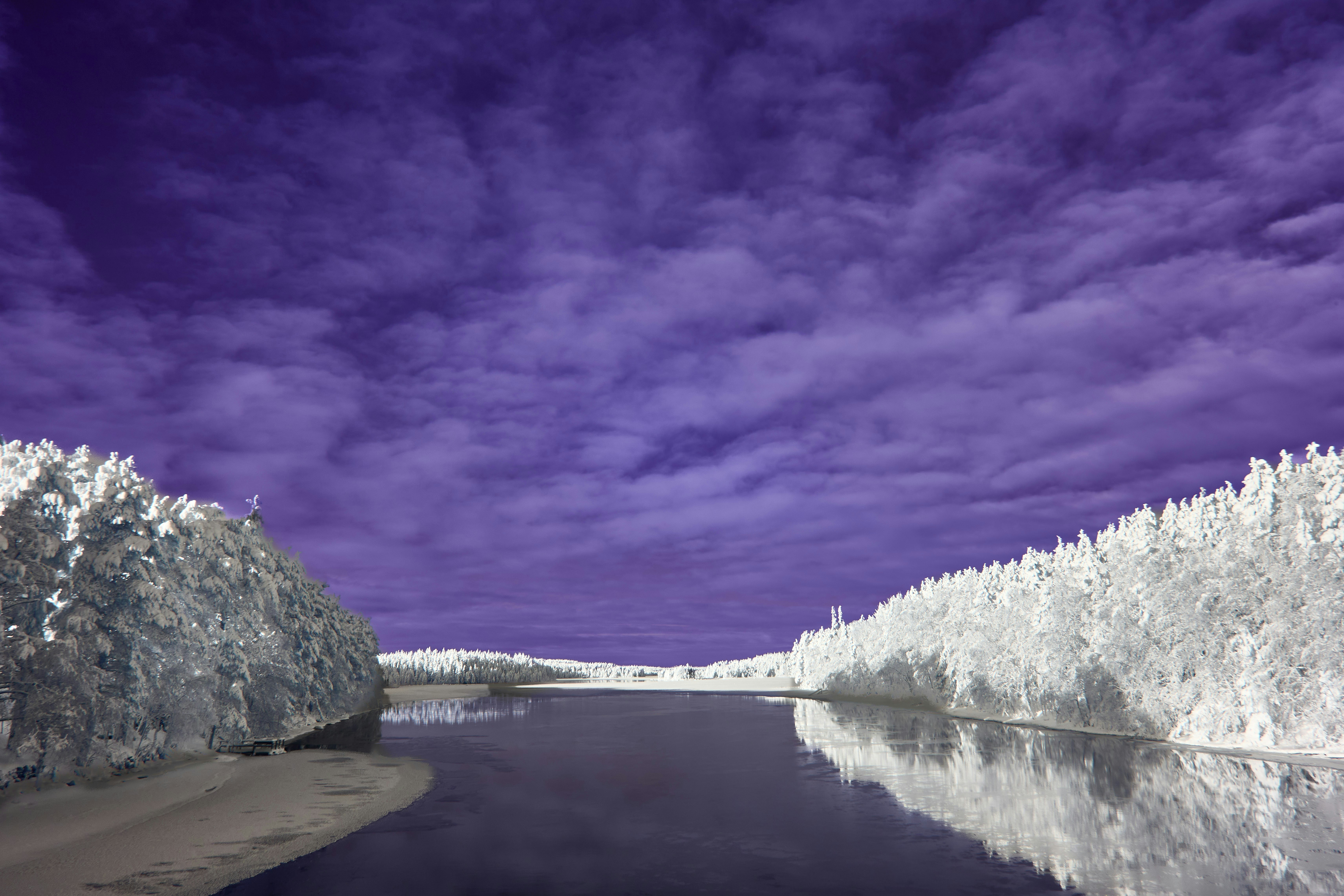 Iridescent River: a surreal winter corridor under a violet sky