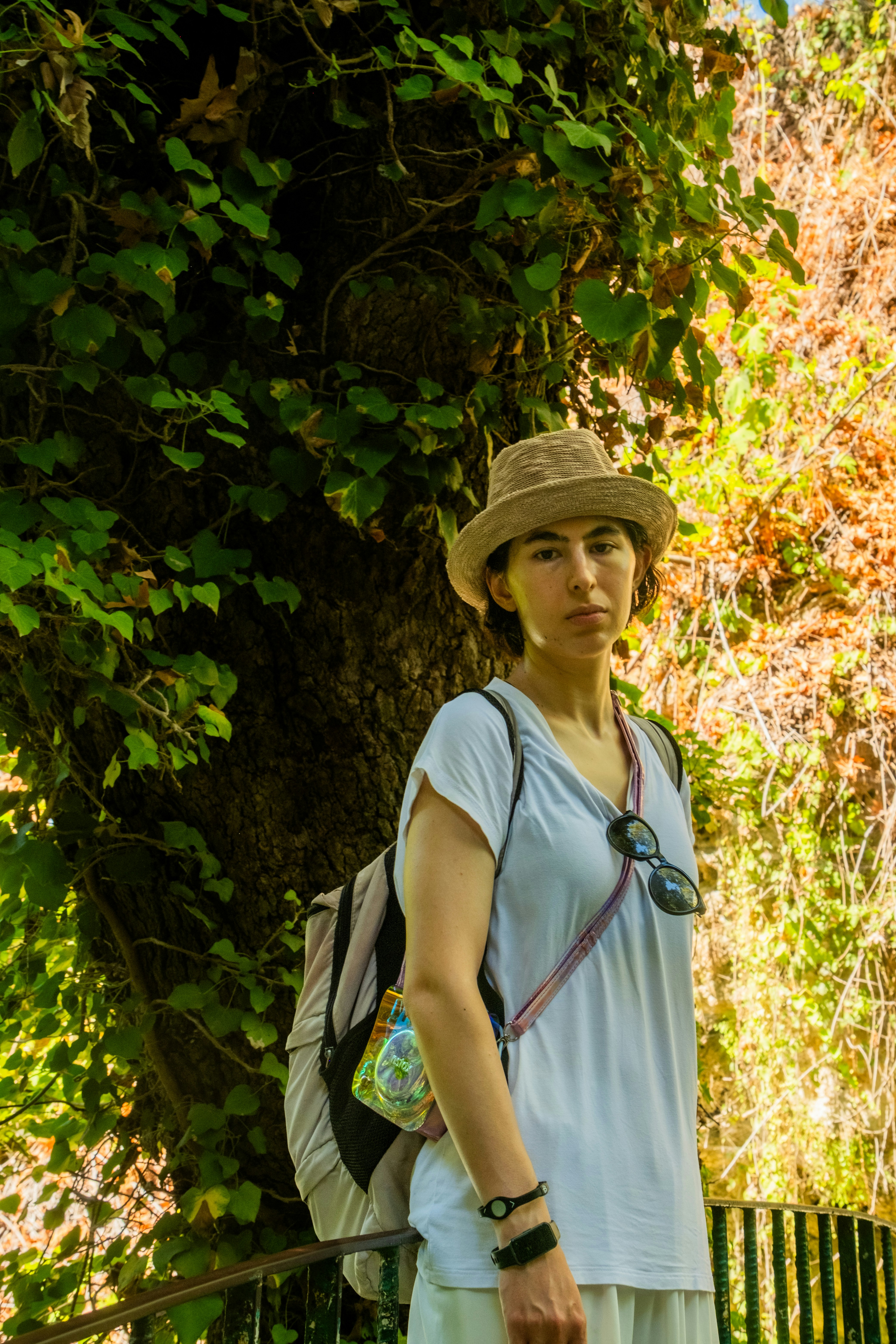 Traveler in the Shade: A Quiet Portrait under Ivy and Sunlight