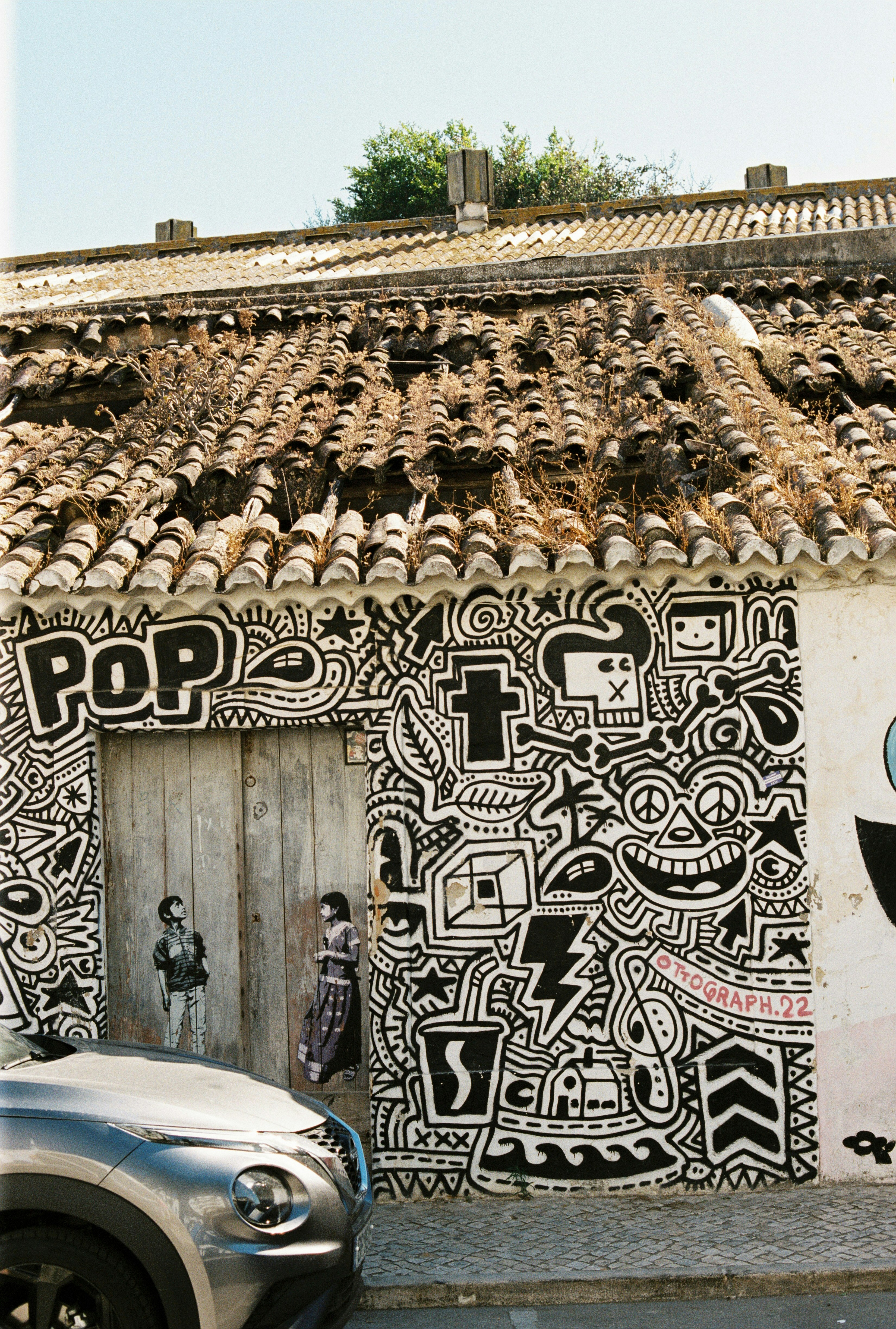 Graffiti Courtyard Pulse: A Wall of Whimsy and Rooftop Tiles