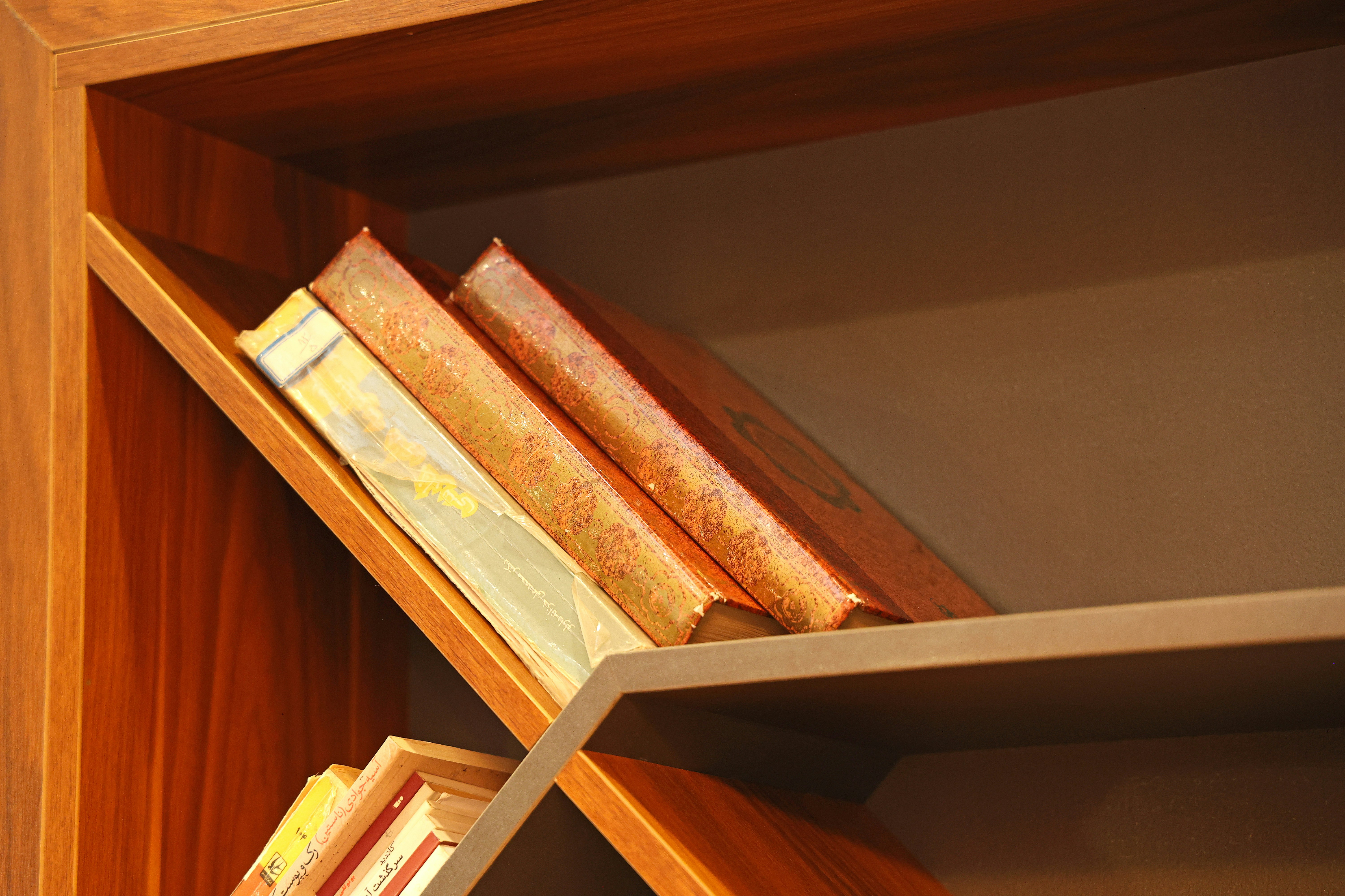 Rustic Library Shelf: Tilted Testaments of Colorful Spines