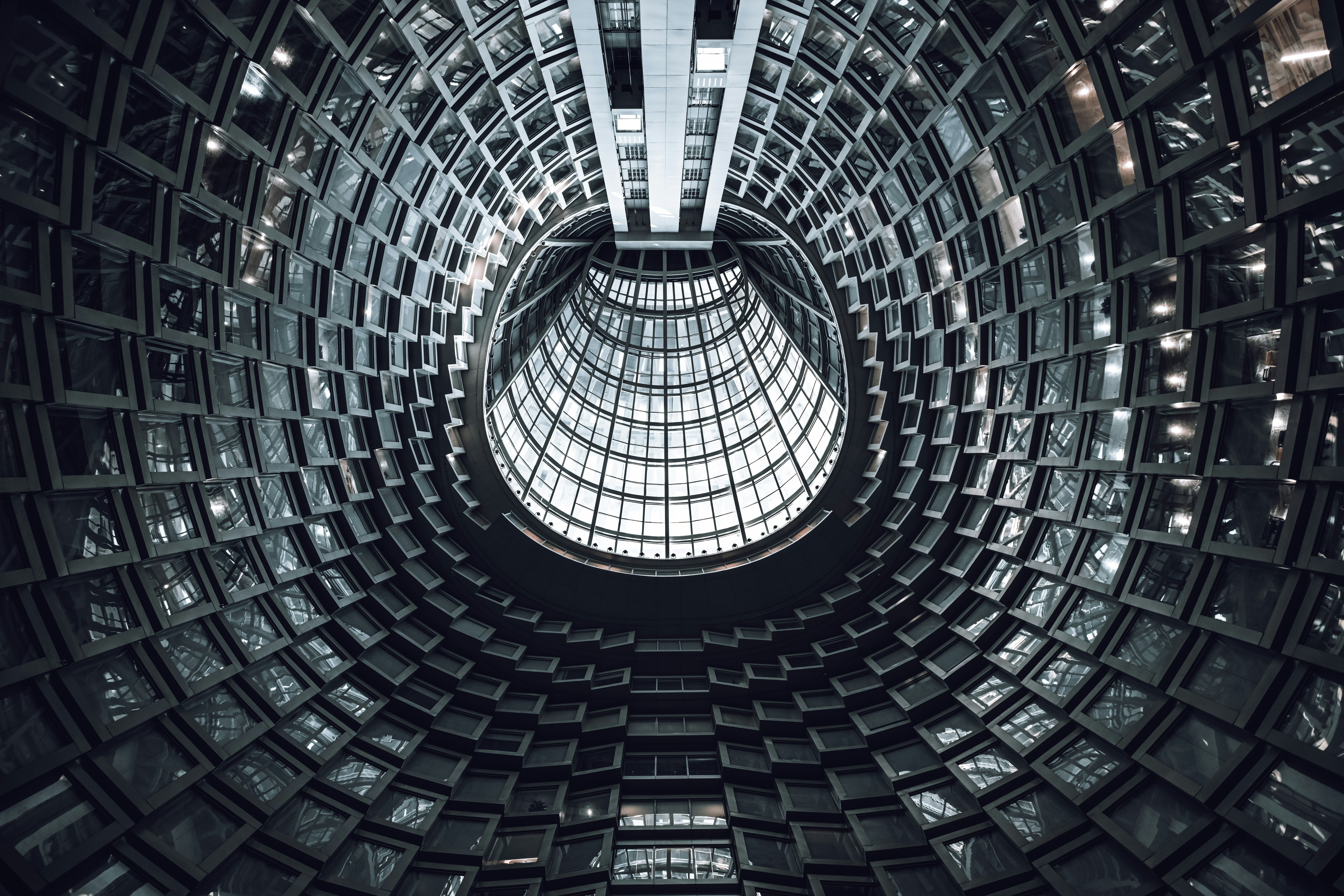 Circular Atrium: A Fractal of Steel and Glass Warps Toward Light