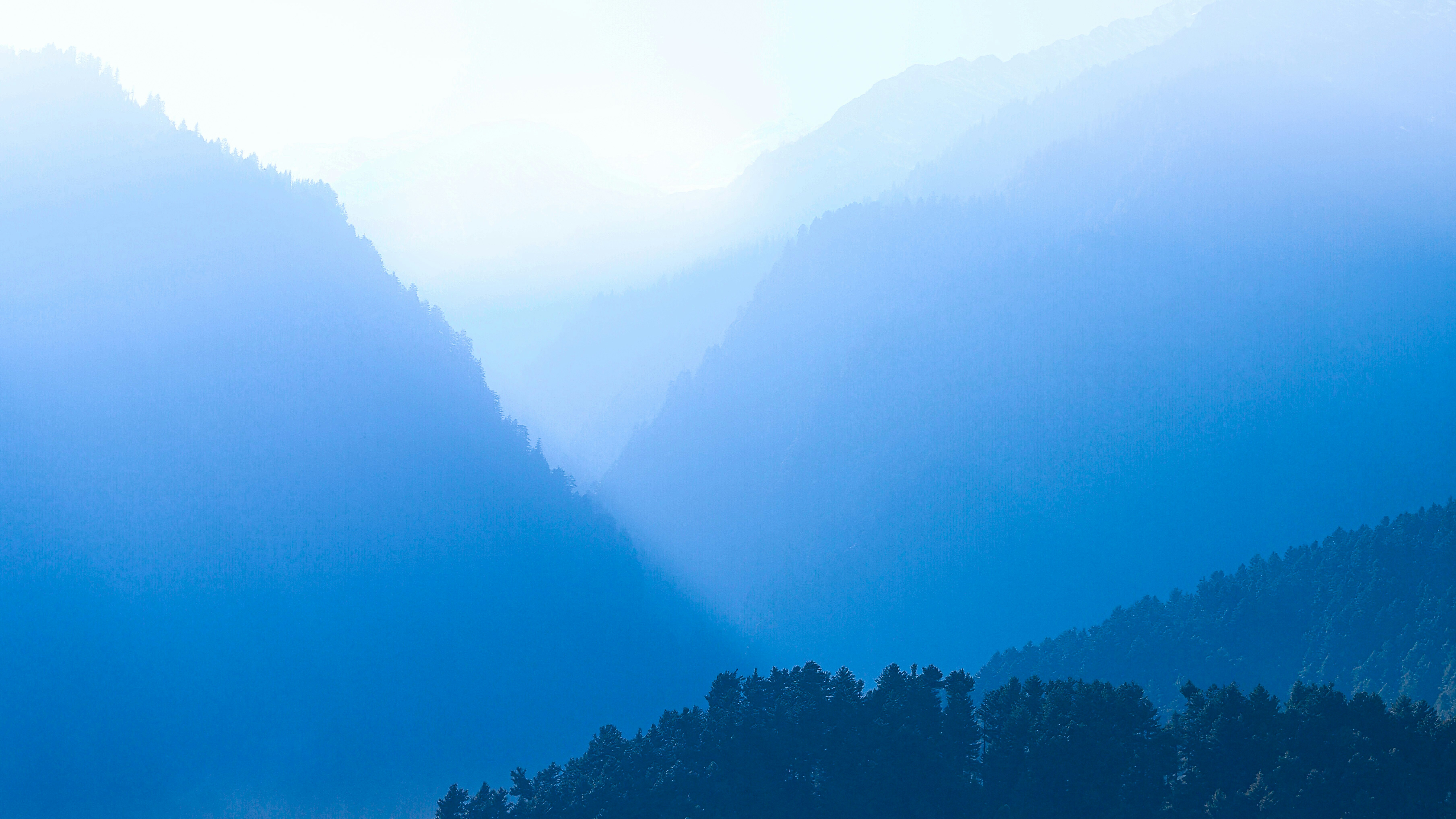 Mist-filled valley with layered blue silhouettes of mountain ridges and a dark forest in the foreground.