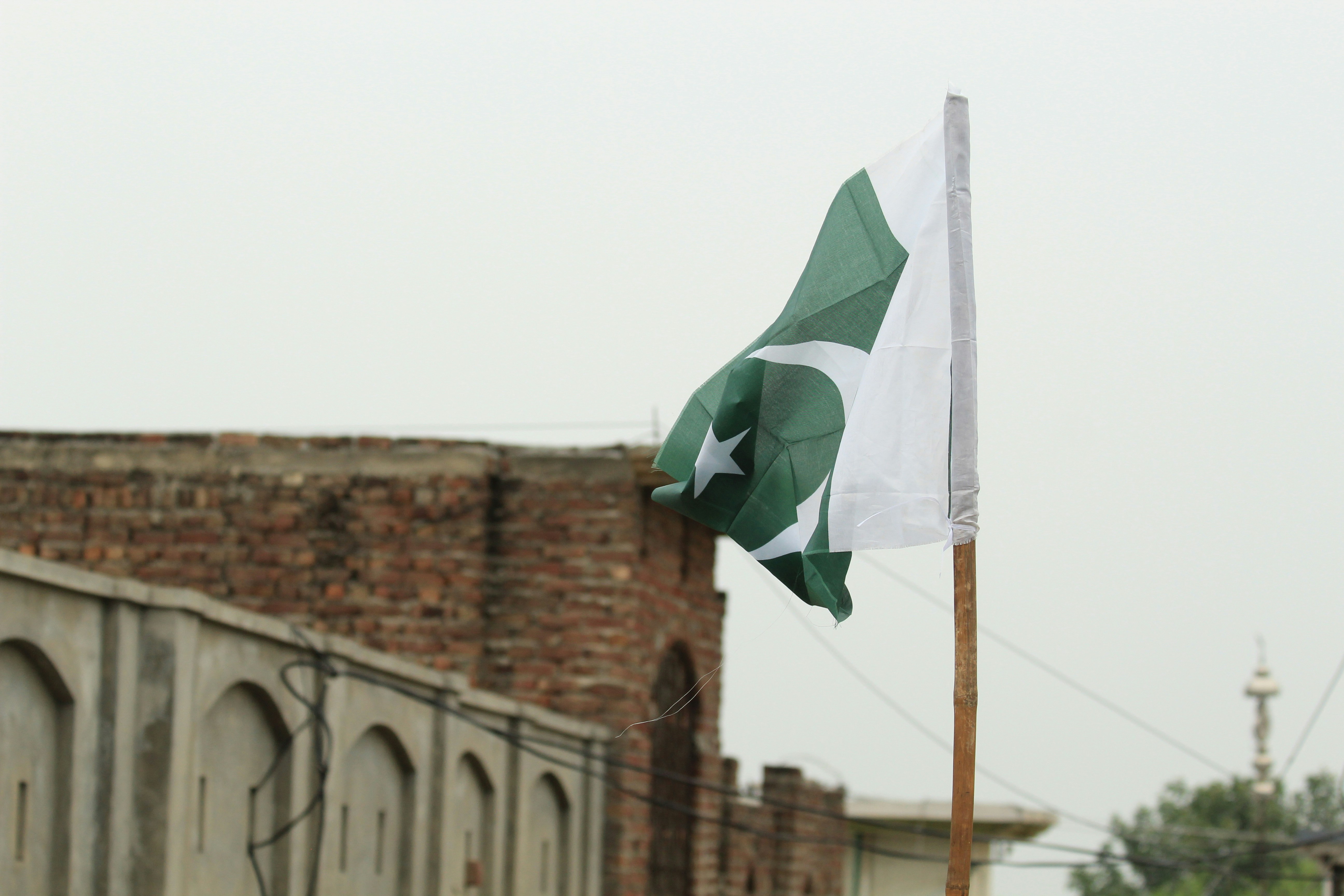Flag on a Wooden Pole Against a Weathered Brick Wall
