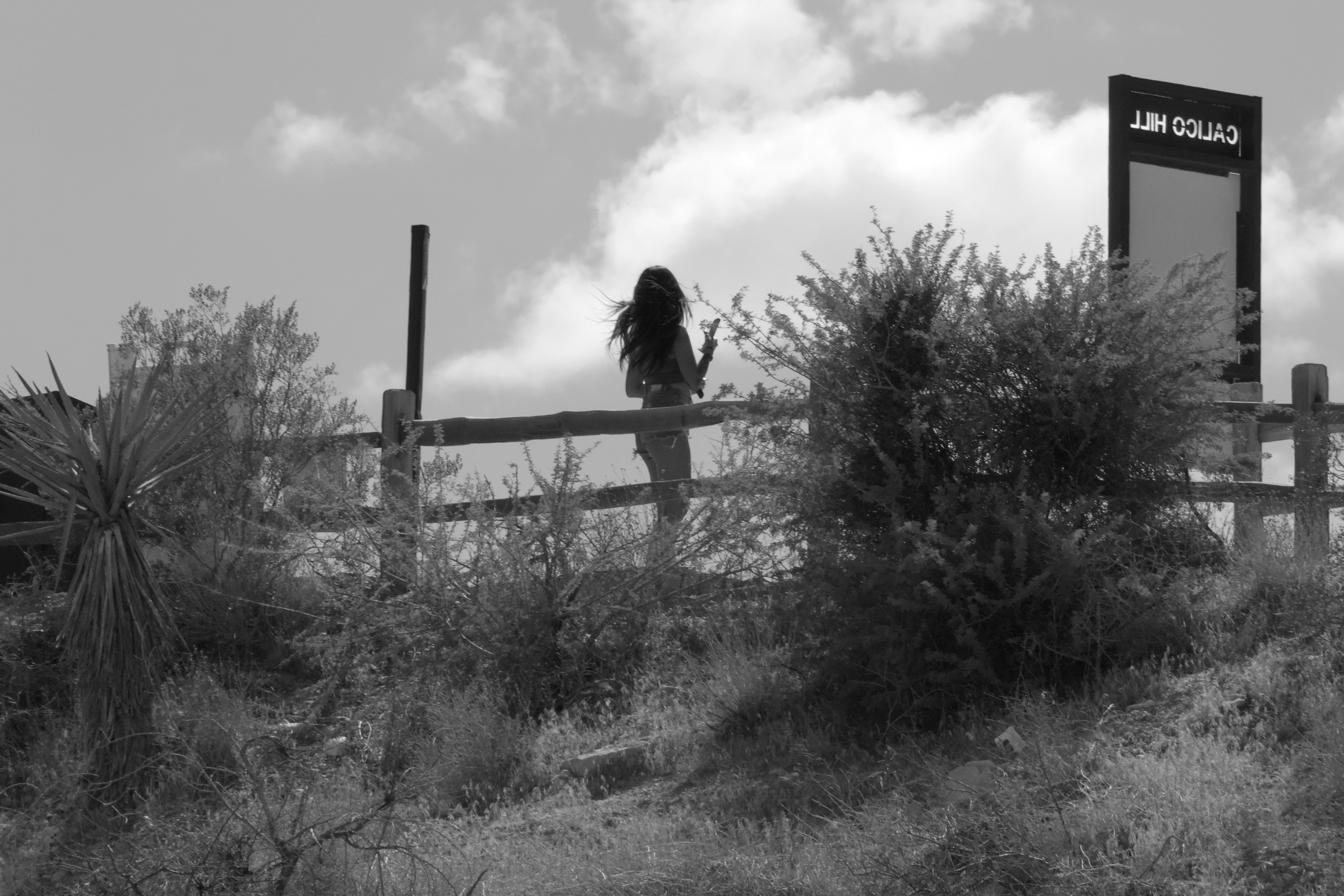  silhouette on a hillside: a lone figure at the fence against desert scrub