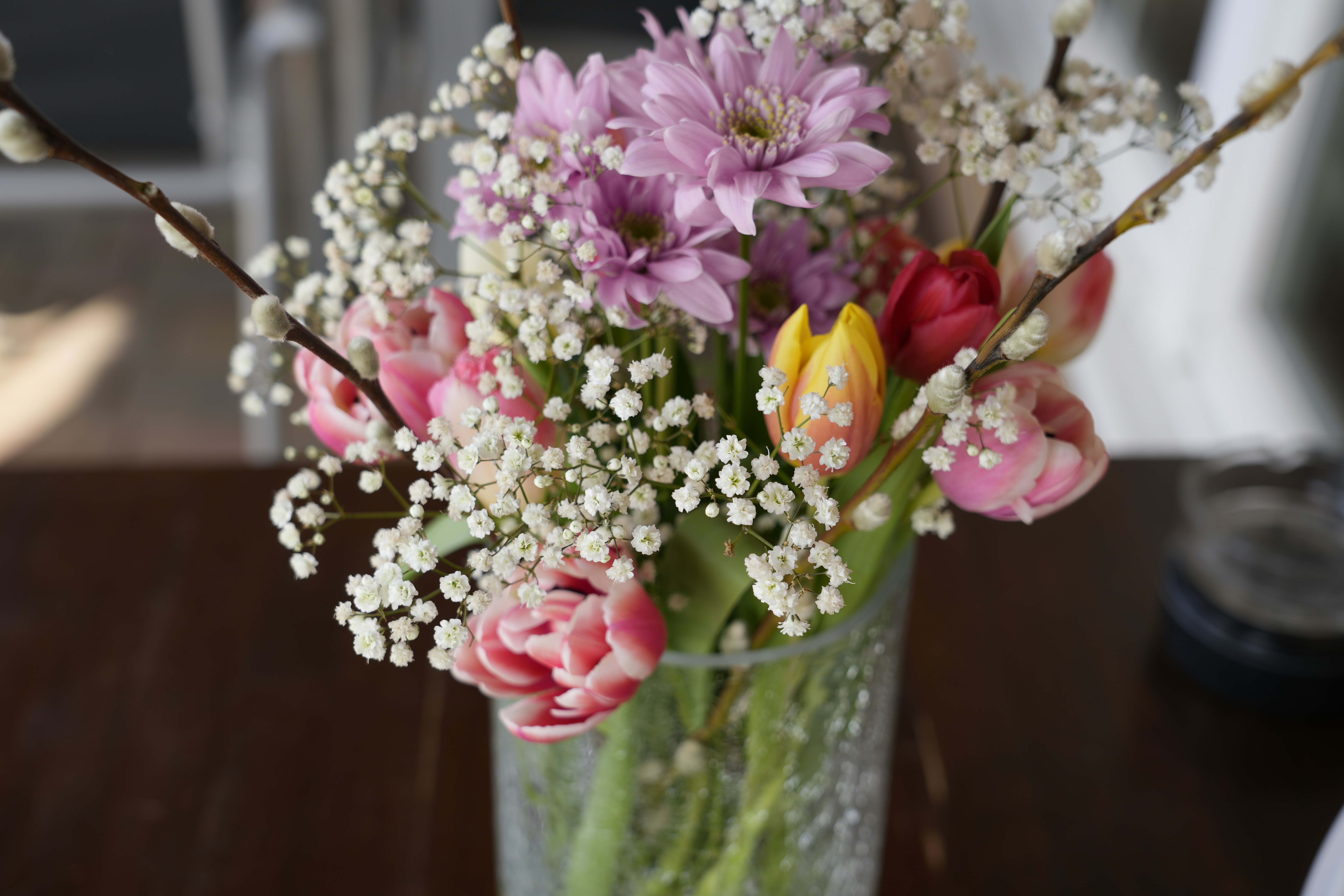 Vase of Blossoms with Soft Focus Tulips and Gypsophila