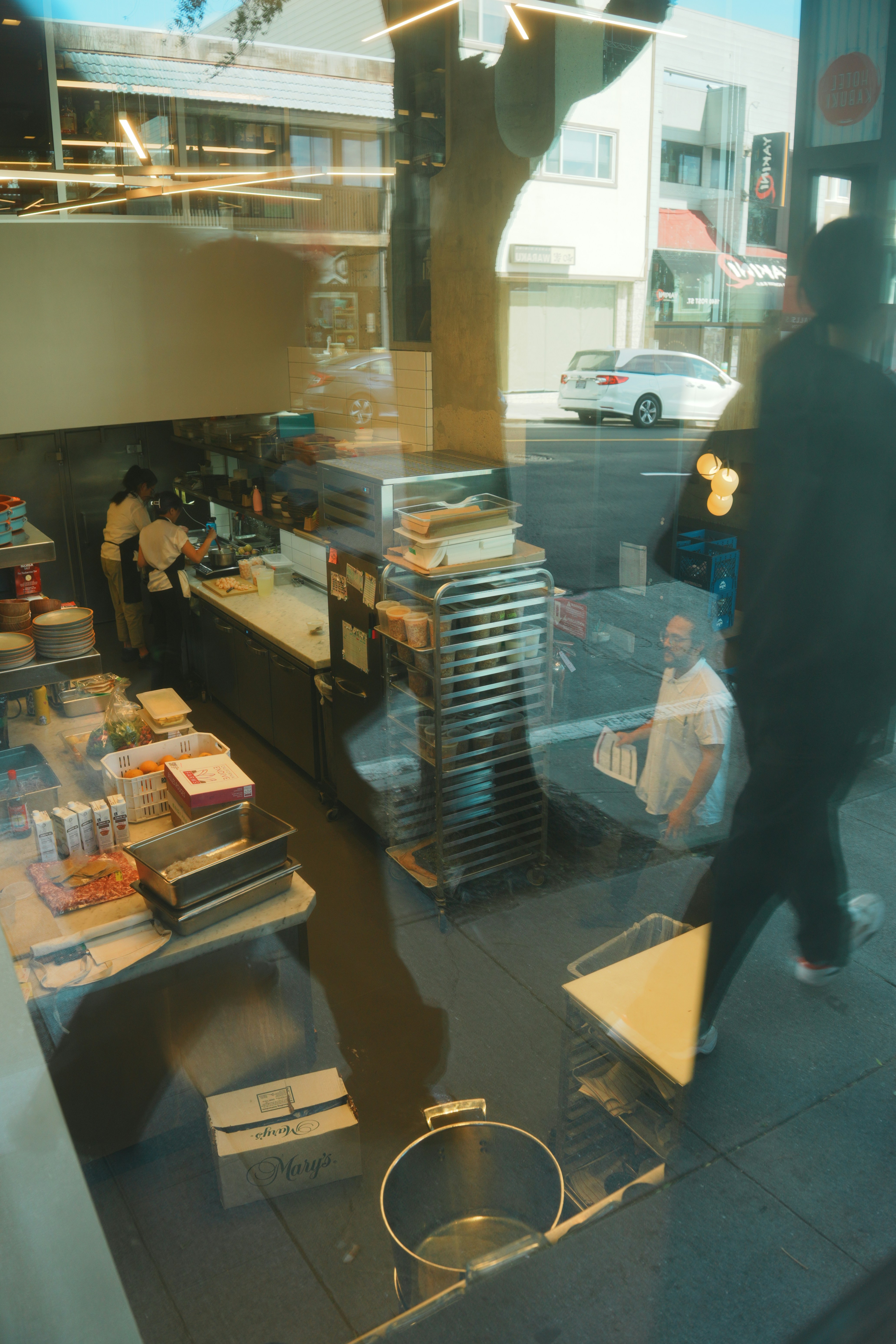 Cafe Kitchen Reflections: Street Scene Through Glass