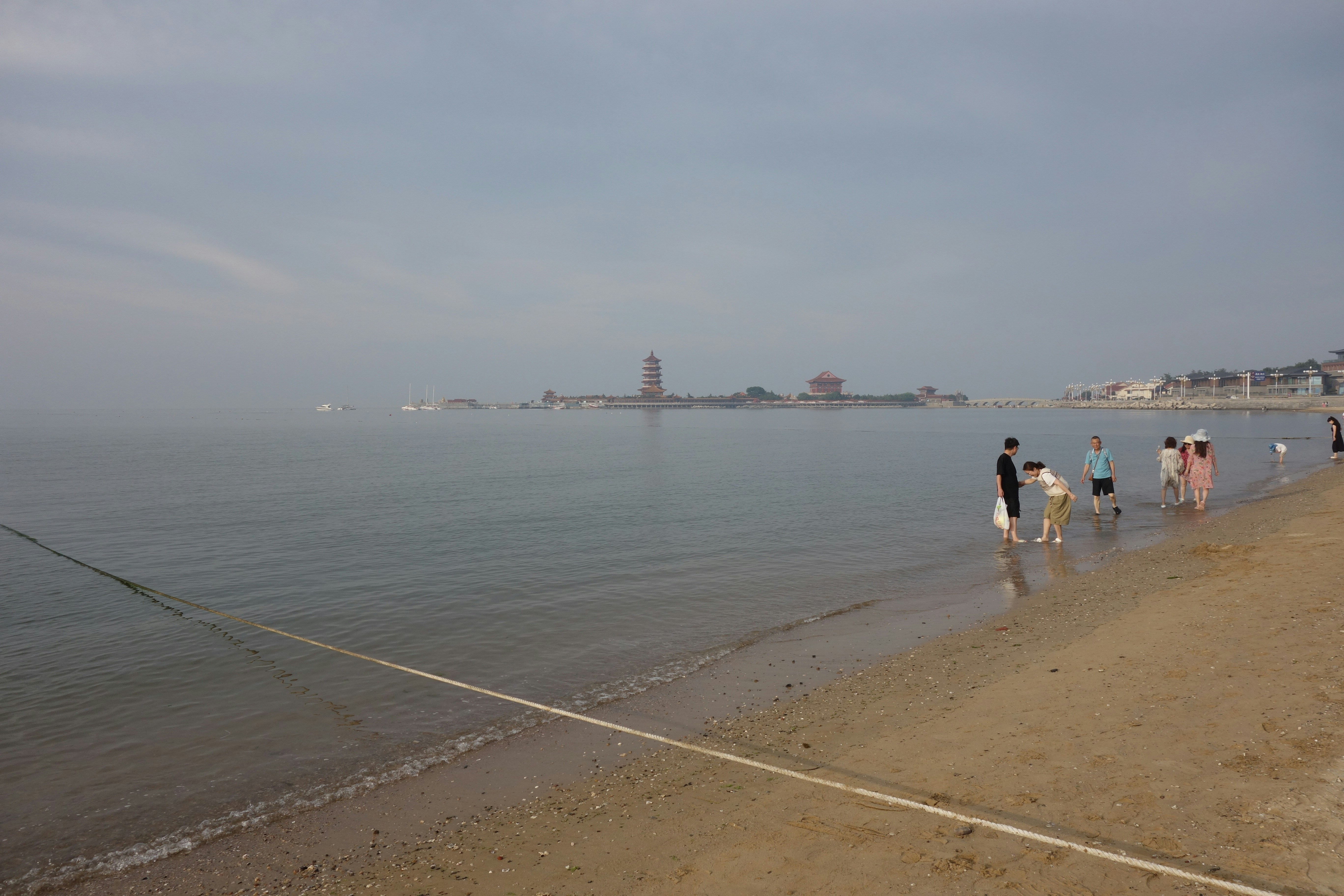 Distant Pagodas Meet the Shore: A Quiet Seaside Moment