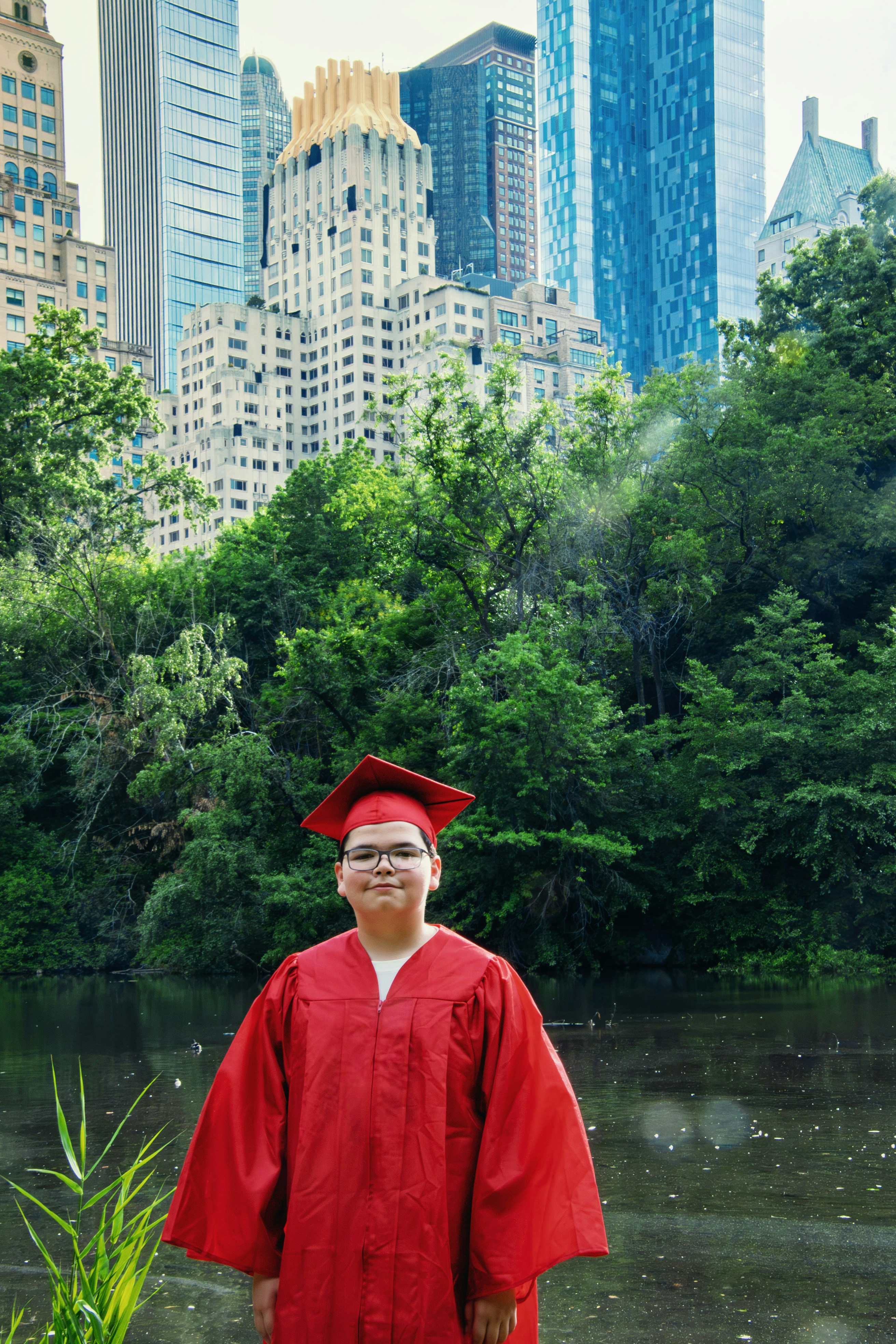 Red Cap, Green Park: A Graduate Stands Before City Shadows