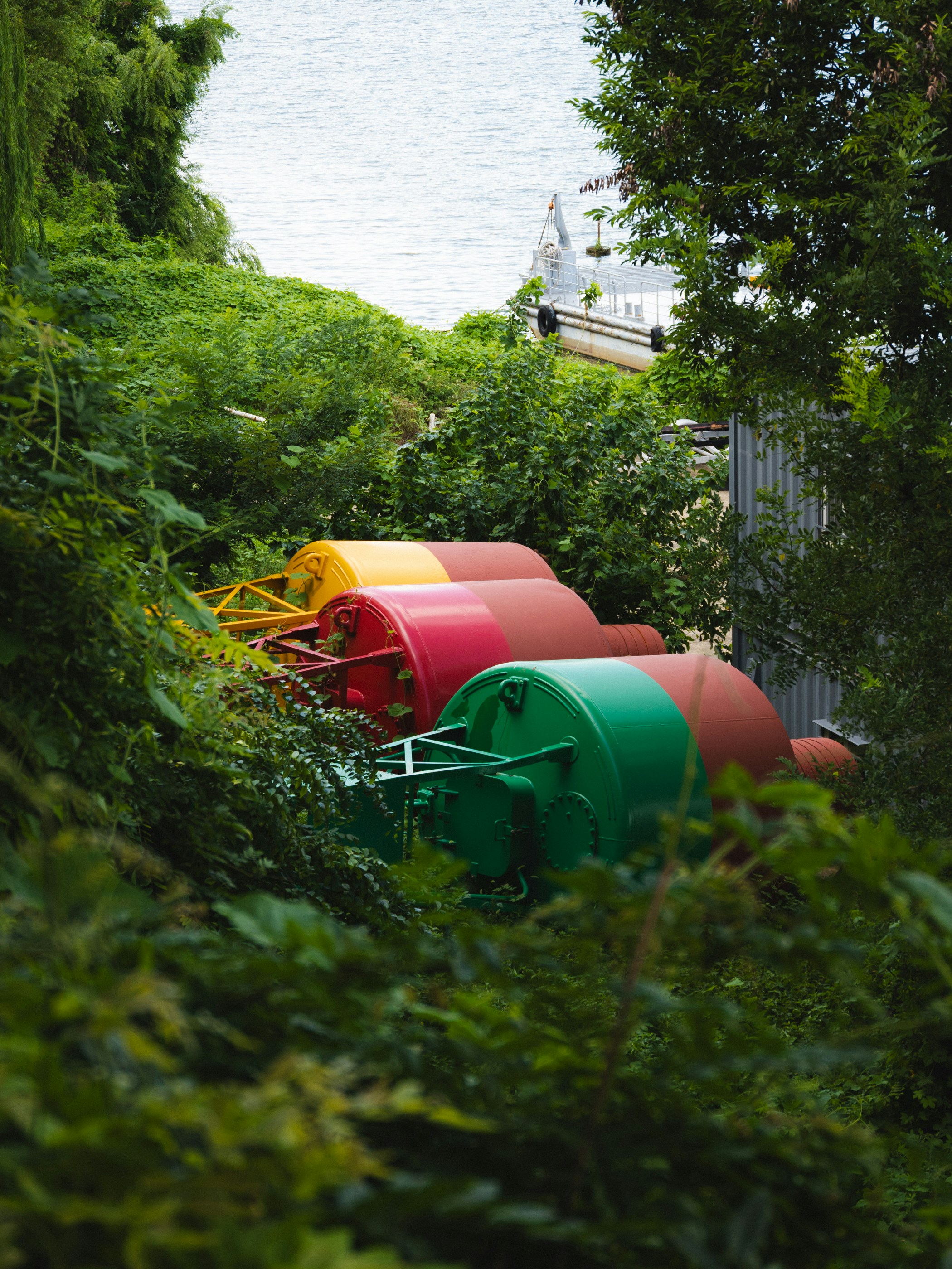 Vibrant Waste-Not: Colorful Rotors Resting Among Greenery by the Water