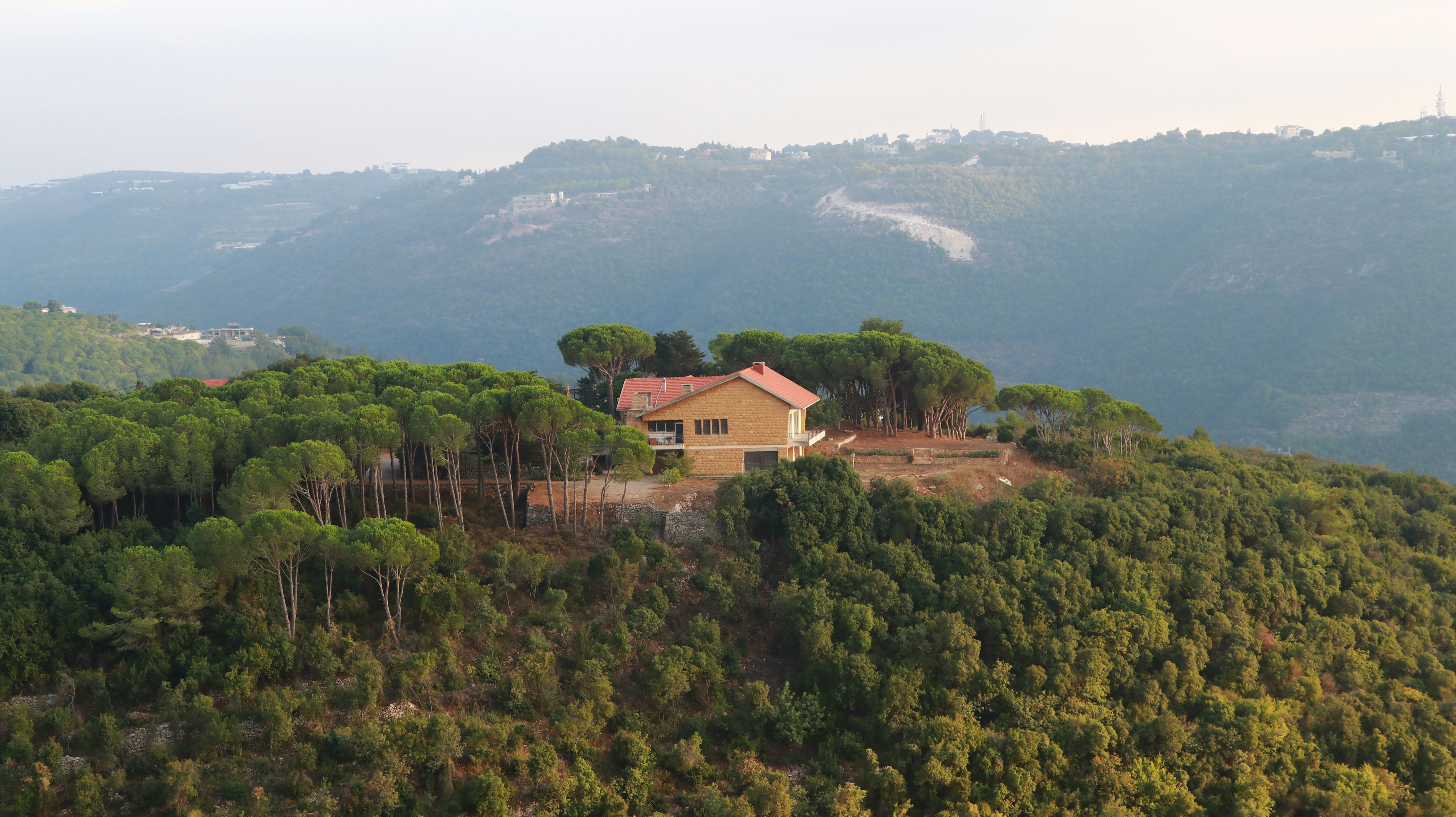 A hillside villa among pine groves overlooking a distant valley