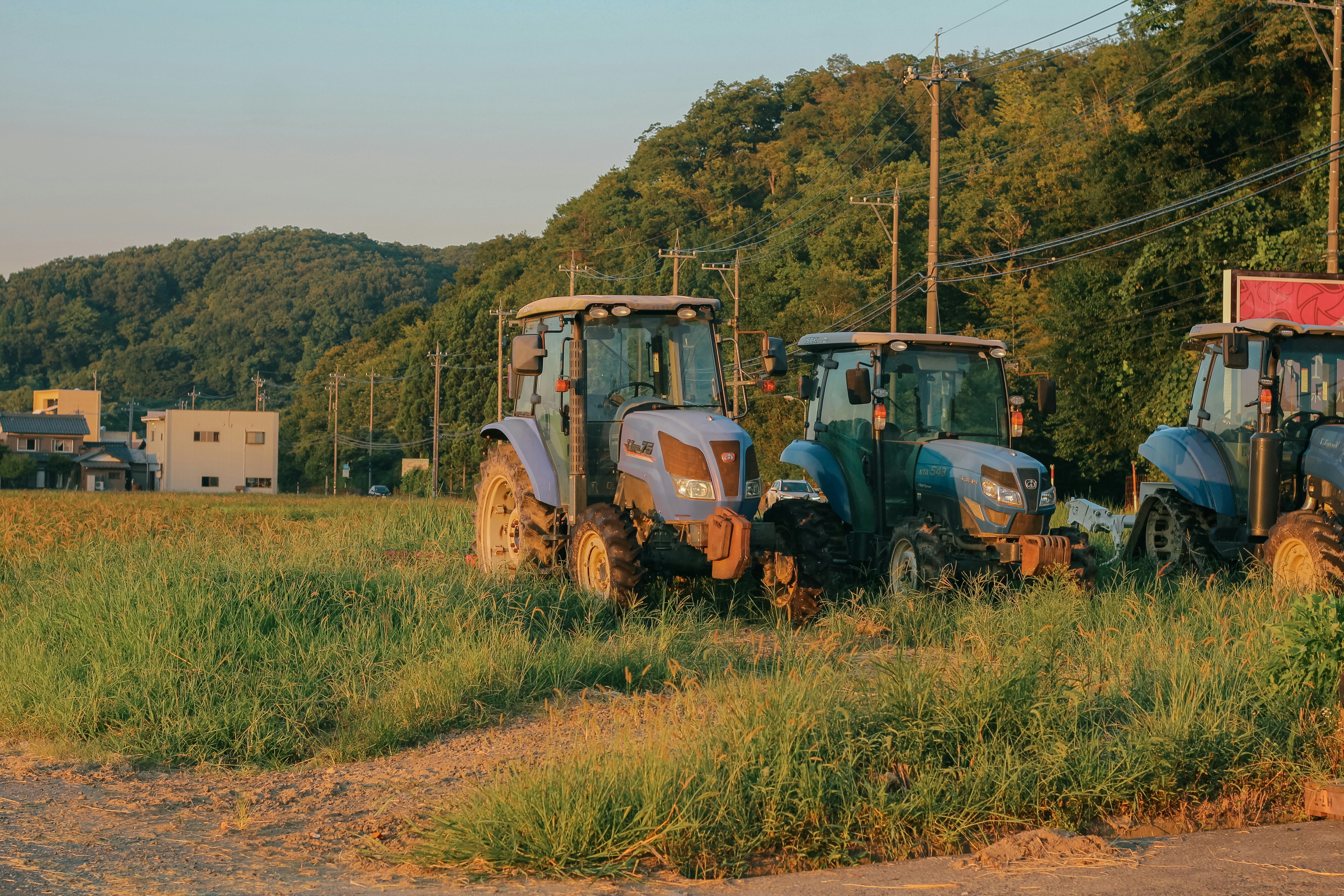 Convoy of Field Machines Resting in Golden Hour Light