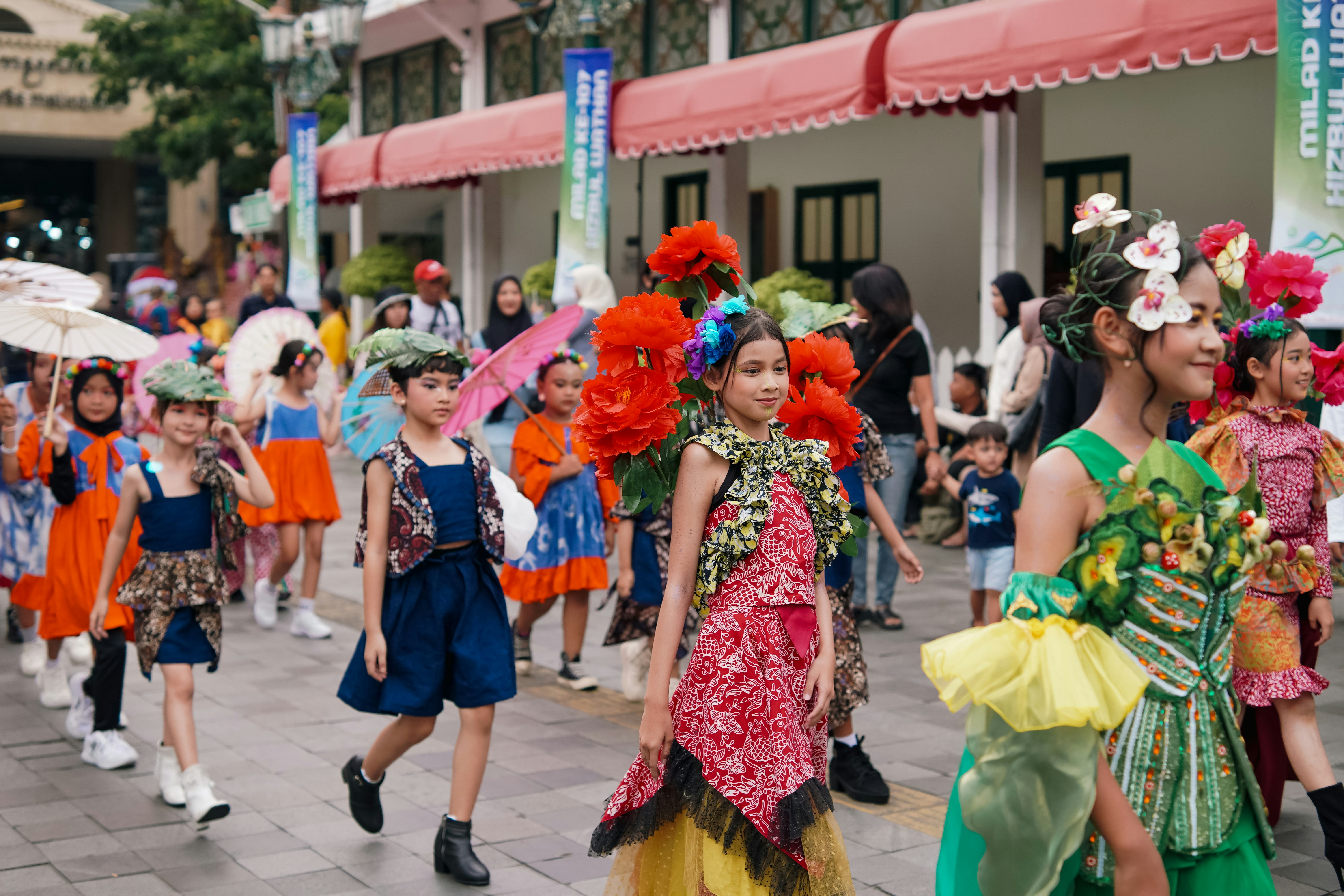 Parade of Colorful Costumes: A Street Moment in Blooming Festival