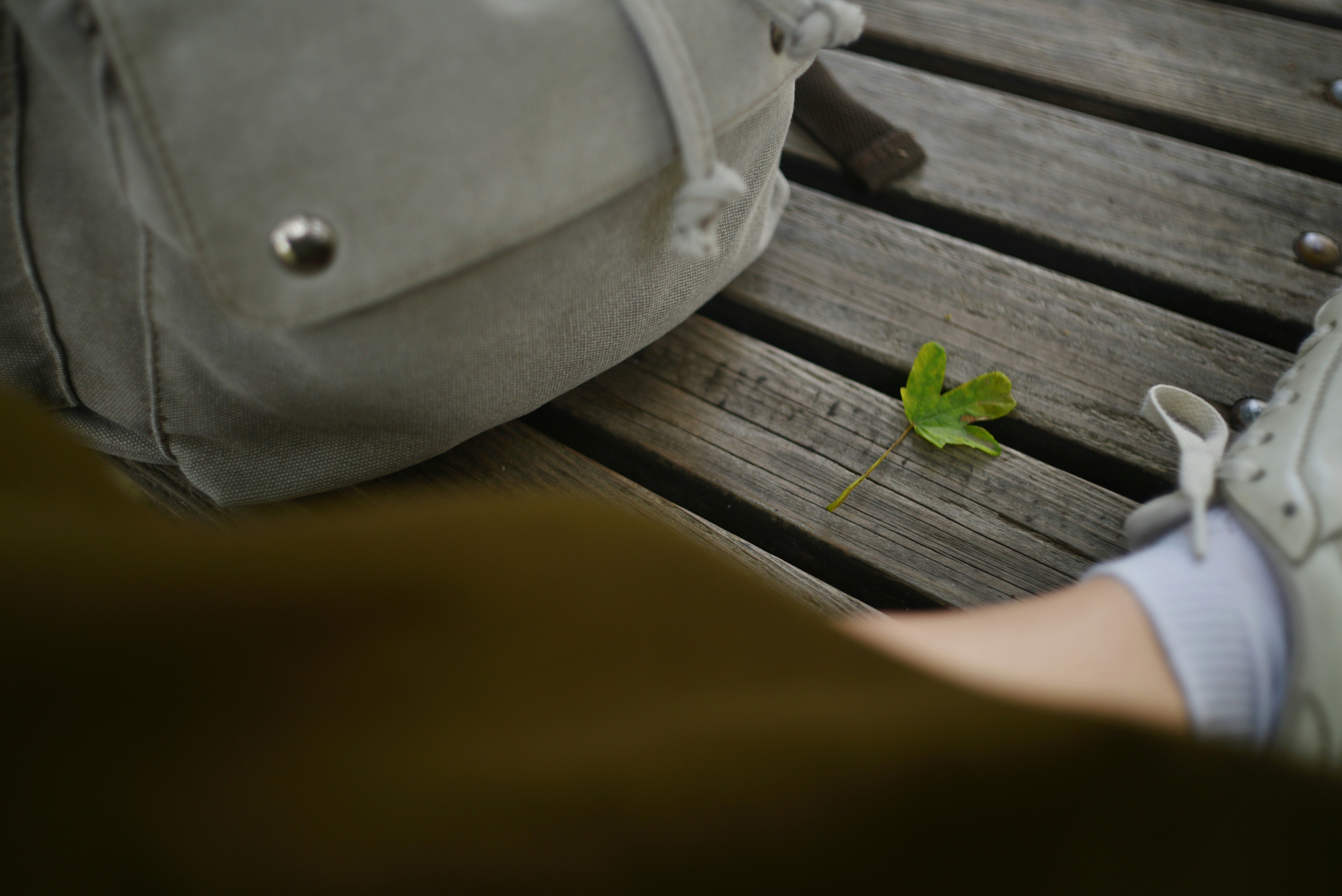 Leaf on a wooden stage: a quiet glimpse beside a bag