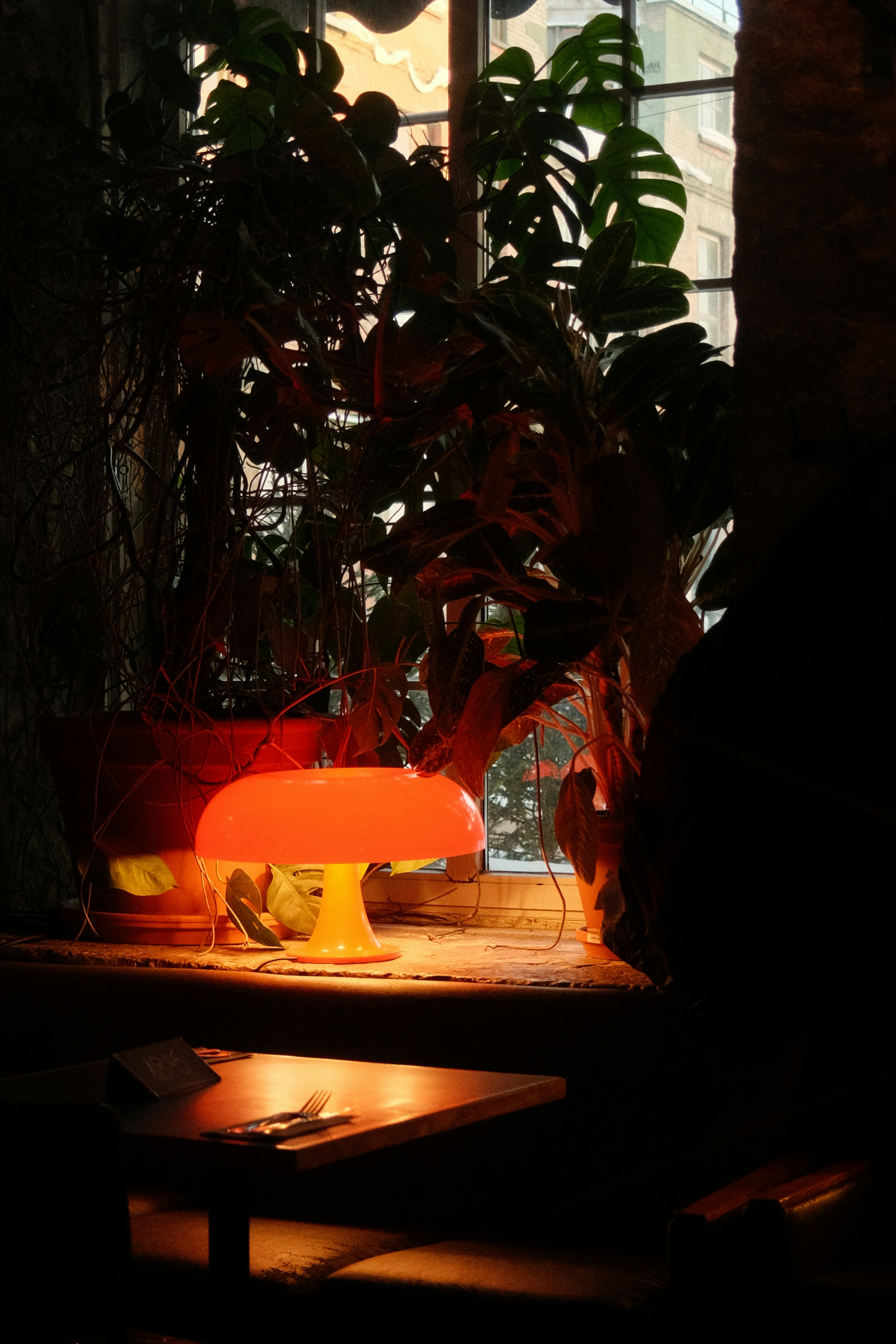 Glowing Mushroom Lamp Amid a Shadowed Café Garden