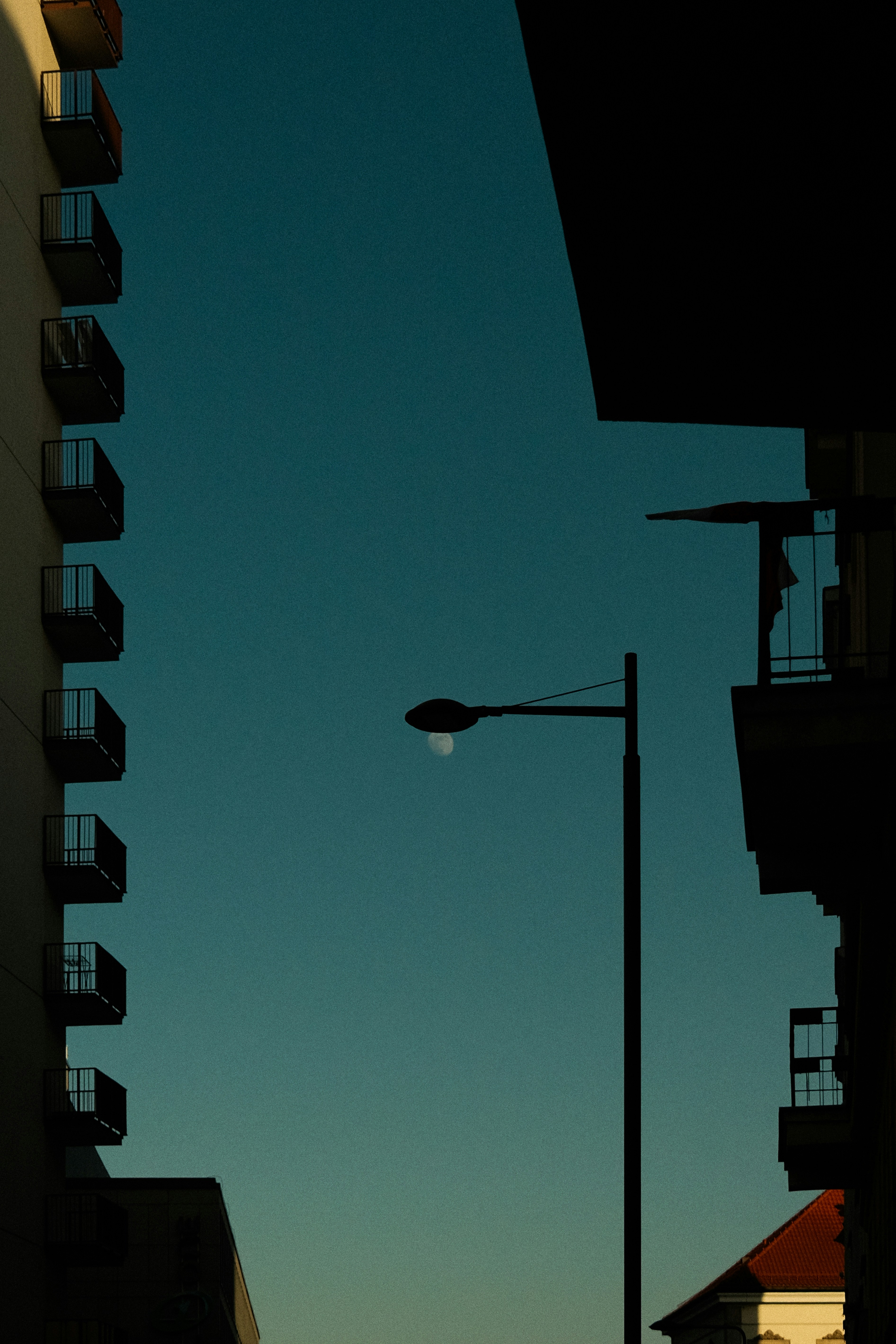 Moonlit street: silhouettes and a lone streetlight cradle the evening
