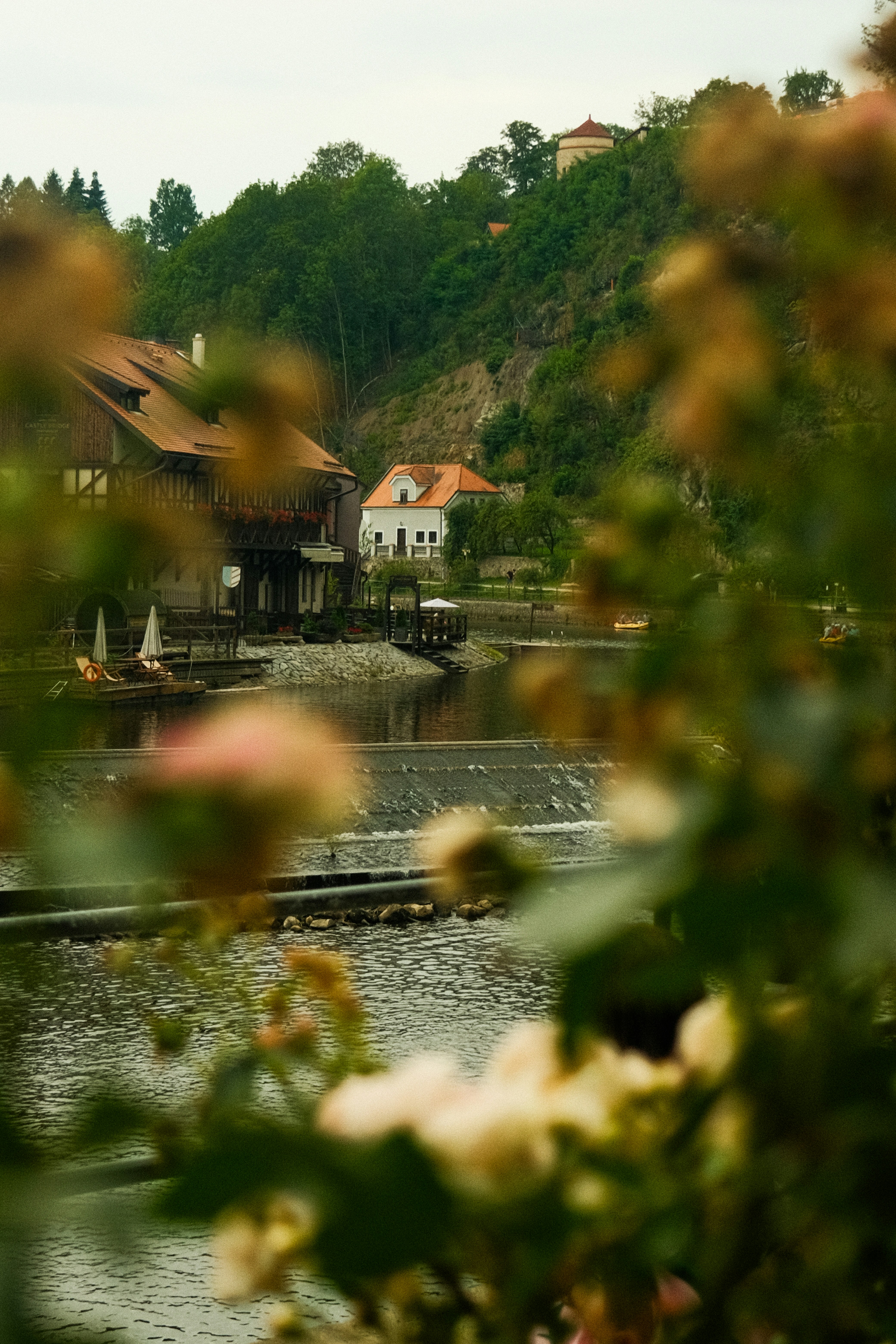 Riverfront village framed by blurred blossoms