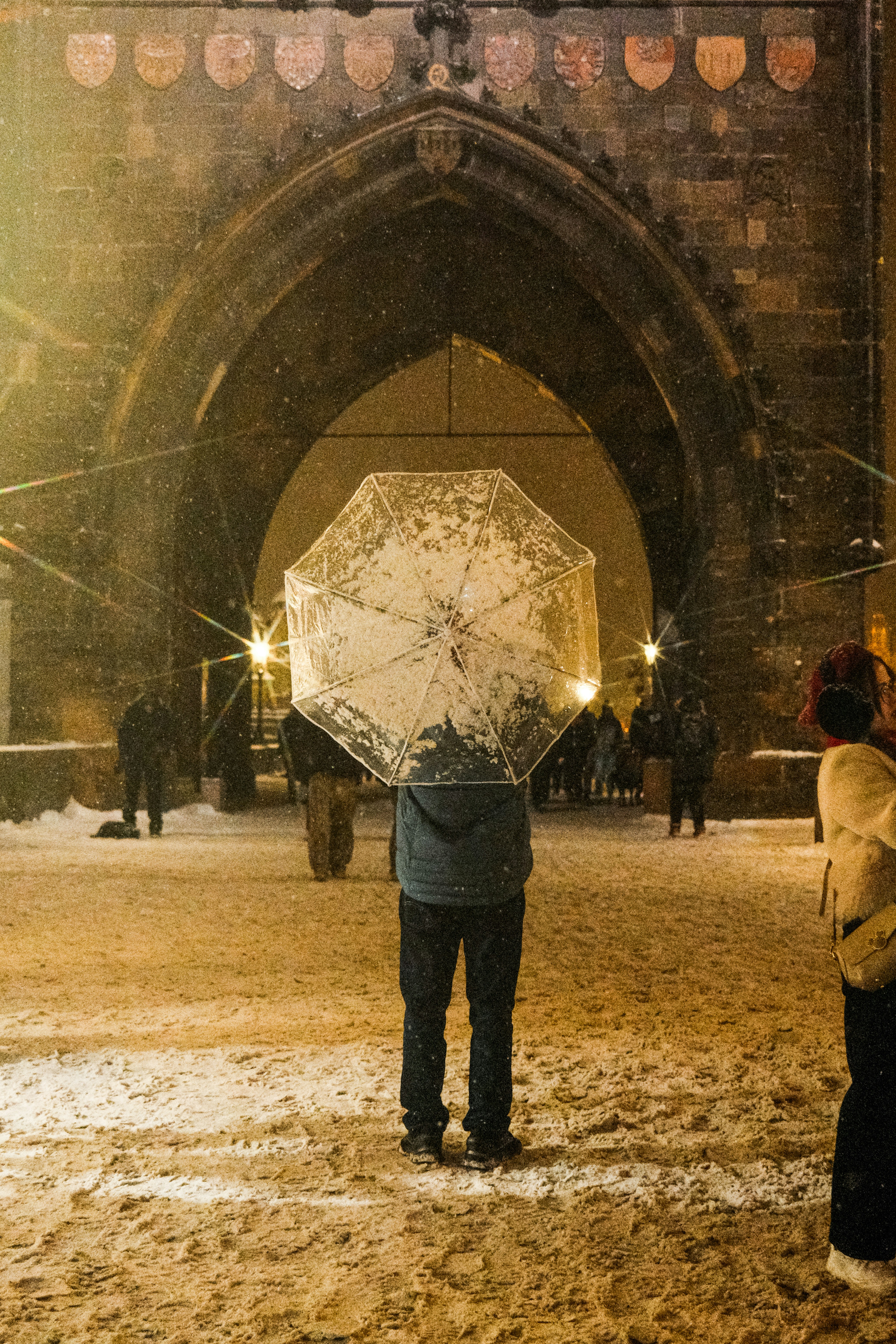 Umbrella at the Gate: Snow-Laced Evening Portrait