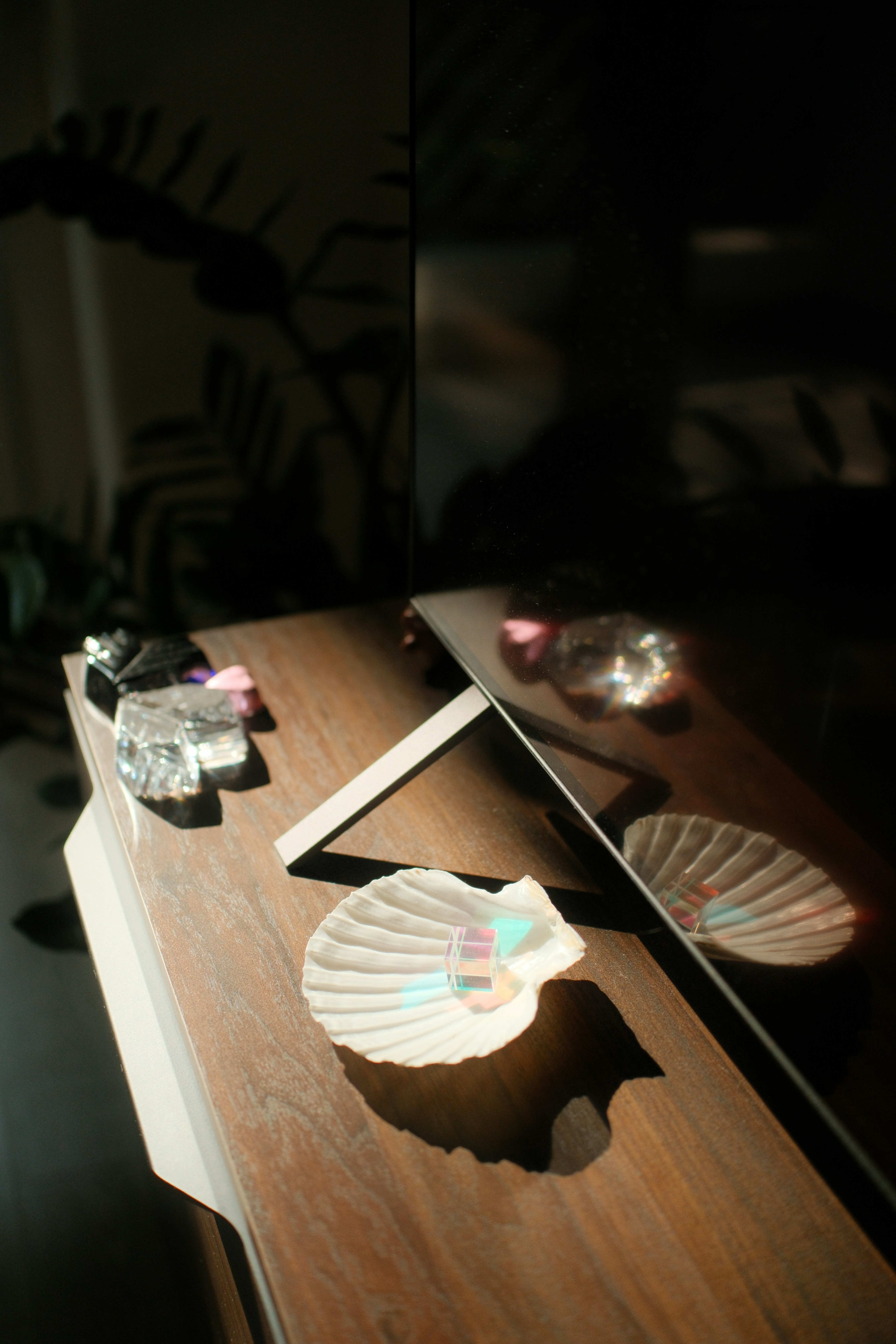 EN: Sunlit still life with a natural seashell, transparent cube prism and crystal hearts arranged on a wooden console beside a dark mirror. Reflections, shadows and refracted rainbow light create an atmospheric modern interior scene. Shot with Fujifilm X-M5 and Viltrox 85/1.7 PT: Natureza-morta iluminada pelo sol com uma concha natural, um prisma cúbico transparente e corações de cristal sobre uma consola de madeira junto a um espelho escuro. Reflexos, sombras e luz de arco-íris refratada criam uma atmosfera contemporânea.