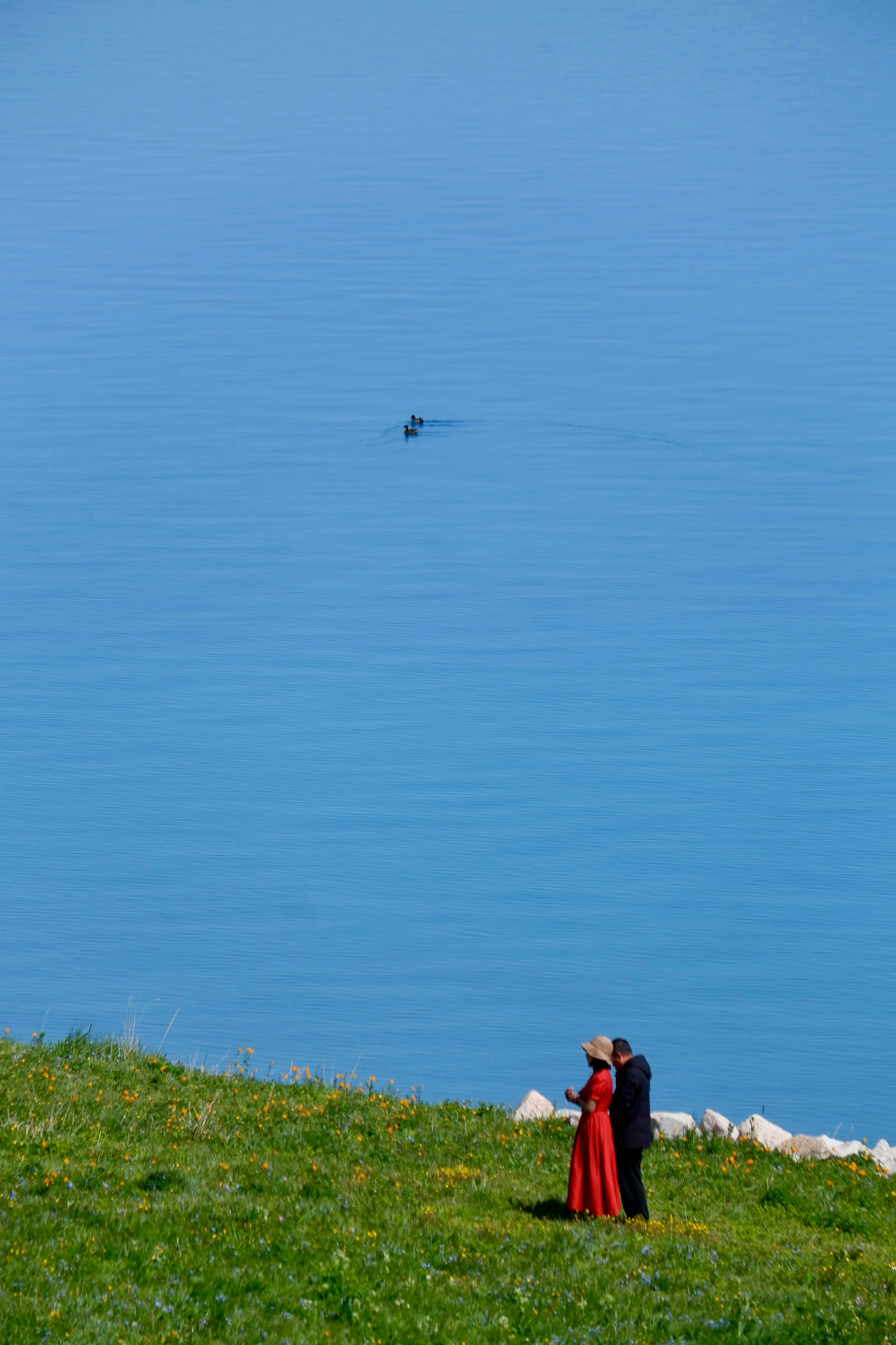 Couple in a Red Dress on a Quiet Hill Overlooking a Blue Lake